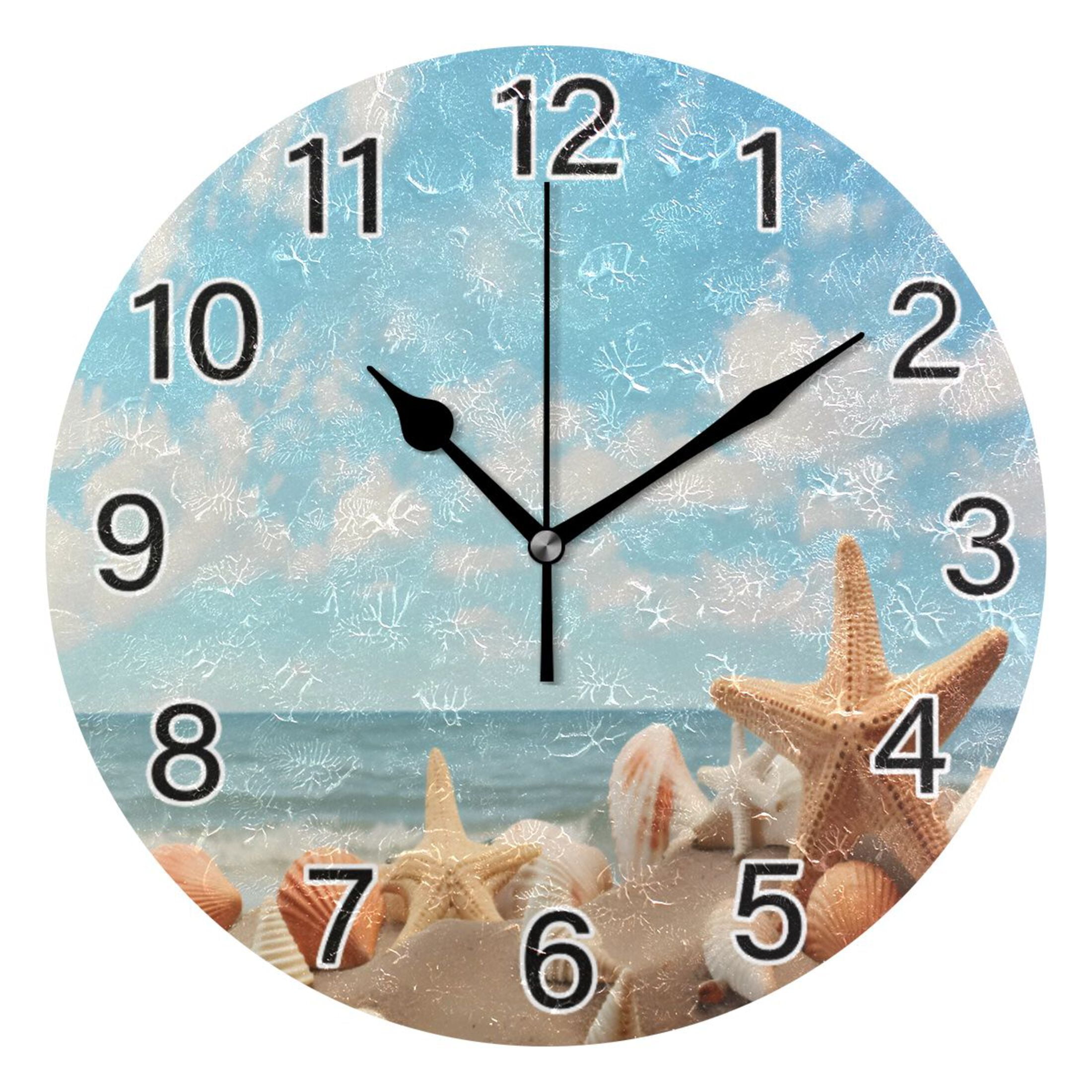 Ryvnso Summer Starfish on Beach Wall Clock Non Ticking Silent Kitchen ...