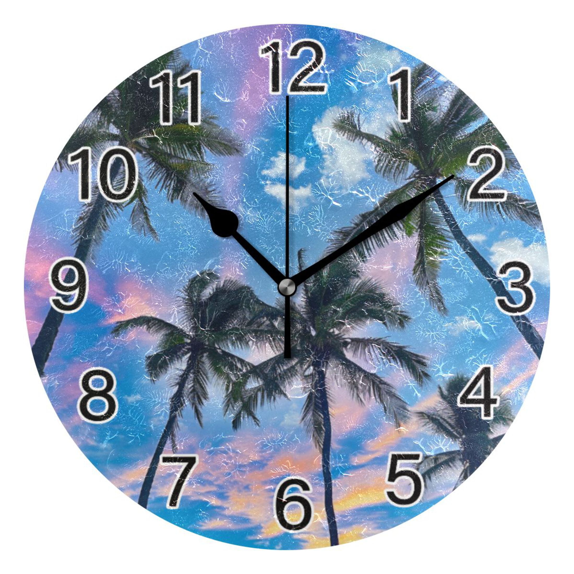 Ryvnso Summer Tropical Palm Tree Wall Clock Non Ticking Silent Kitchen ...