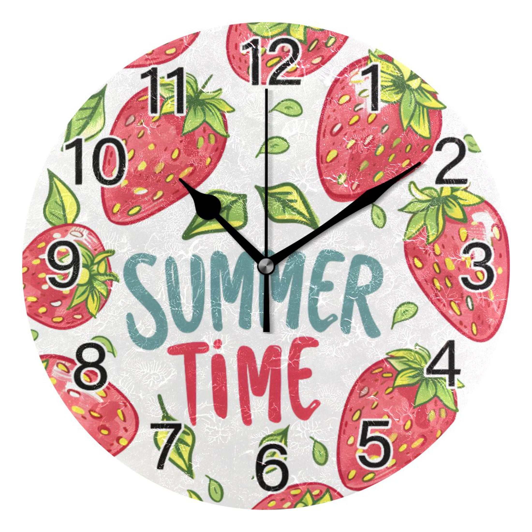 Ryvnso Summer with Strawberry Wall Clock Non Ticking Silent Kitchen ...