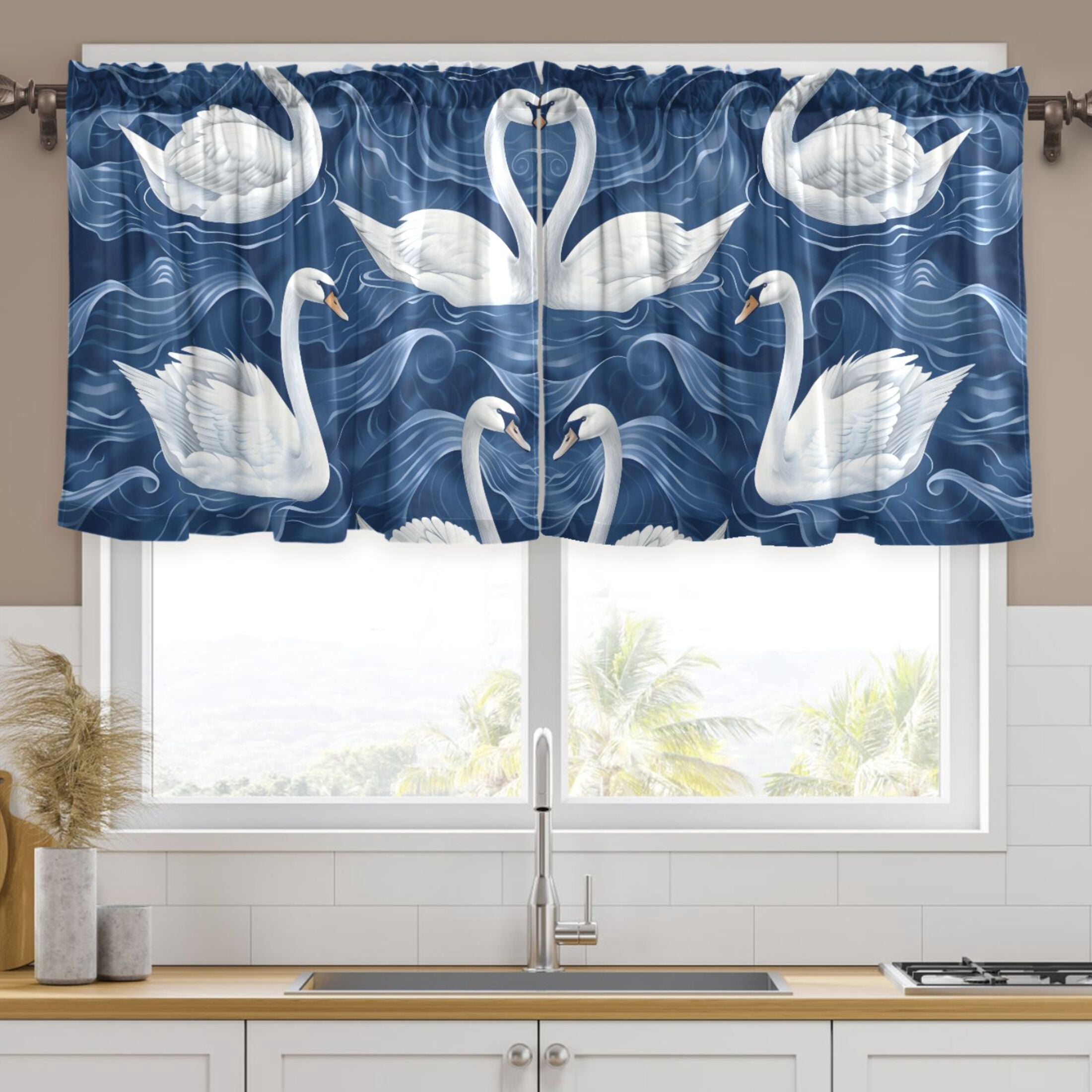 Ryvnso Swans Curtains Sets Short Curtain Rod Pocket Half Window Cafe ...