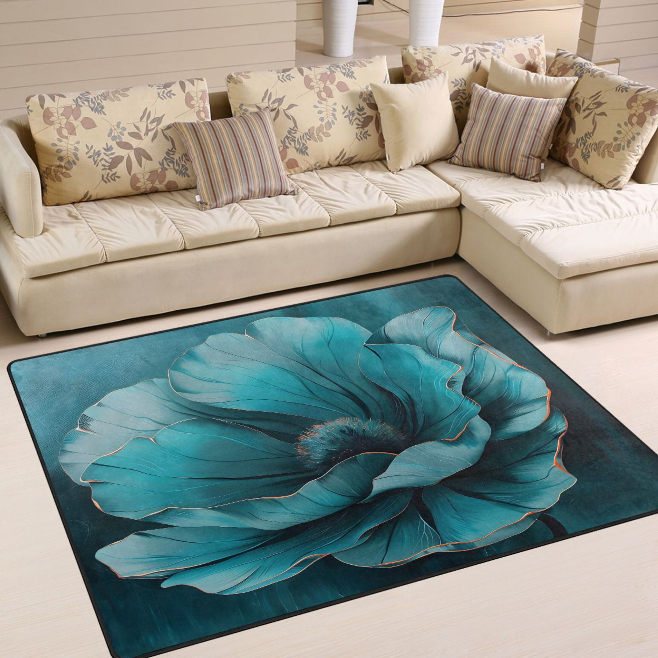 Ryvnso Teal Flower Area Floor Rugs Soft Non-Slip Large Mats Nursery ...