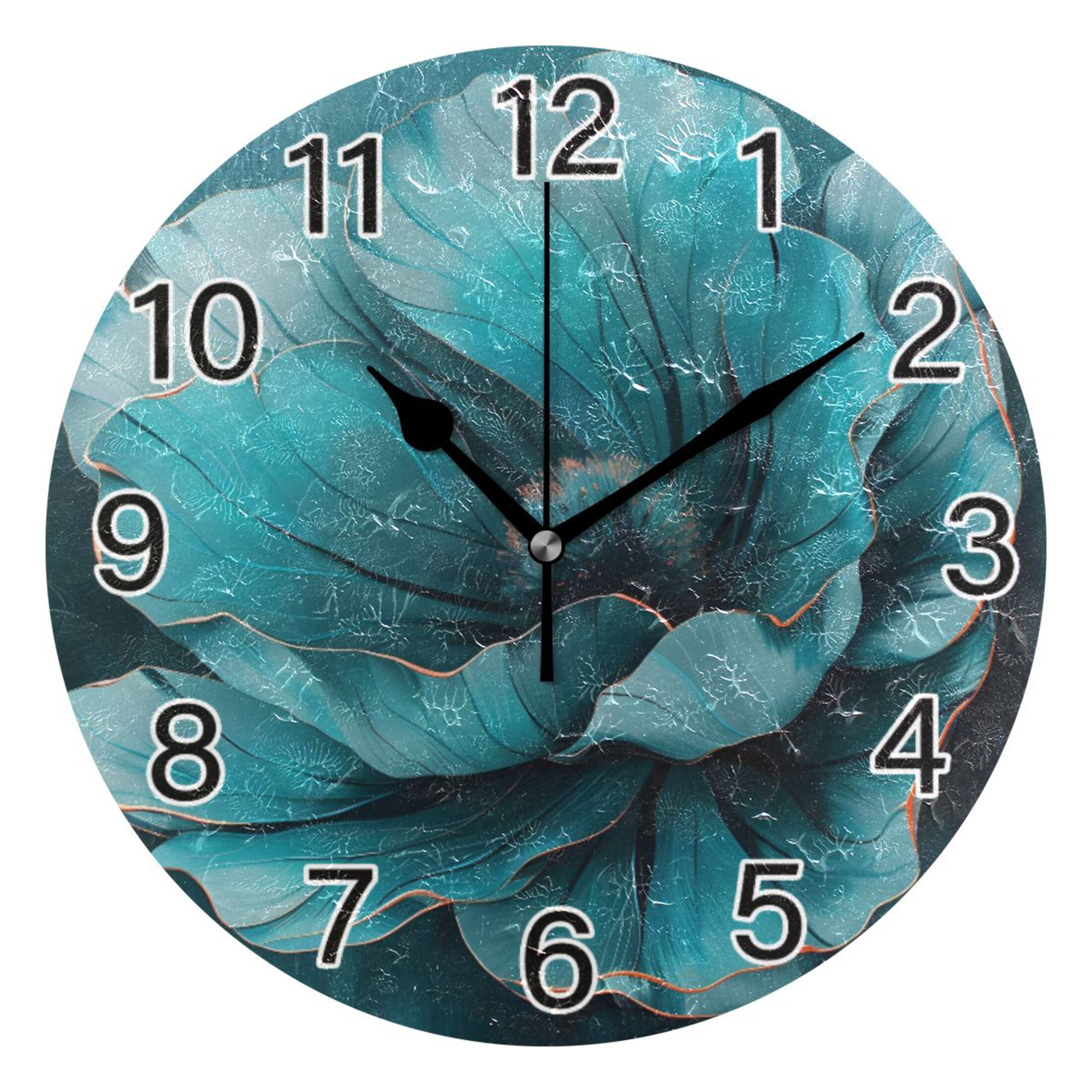 Ryvnso Teal Flower Wall Clock Non Ticking Silent Kitchen Clock Battery ...
