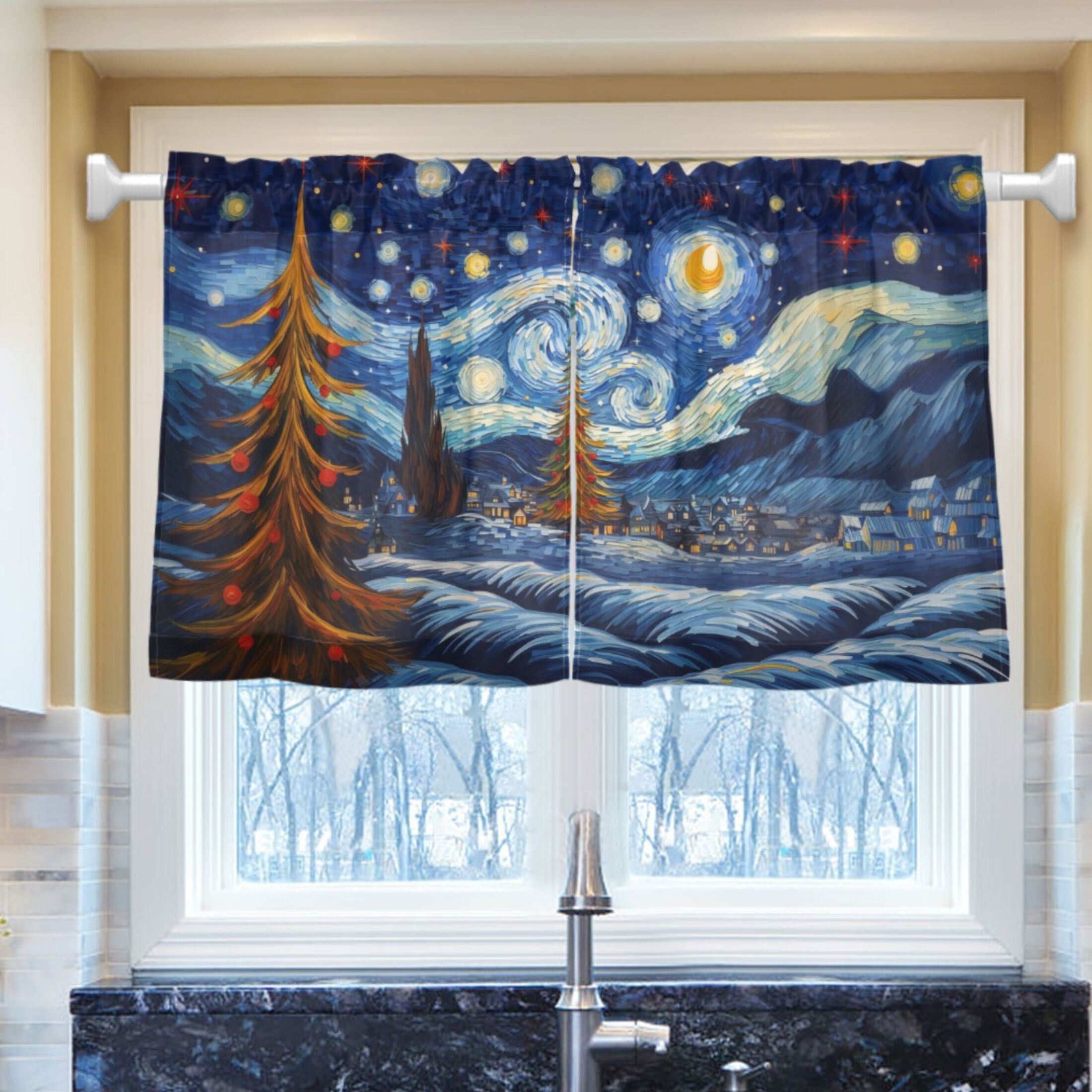 Ryvnso Trees Starry Sky Half Curtains Sets Tier 2 Panels Short Curtain ...