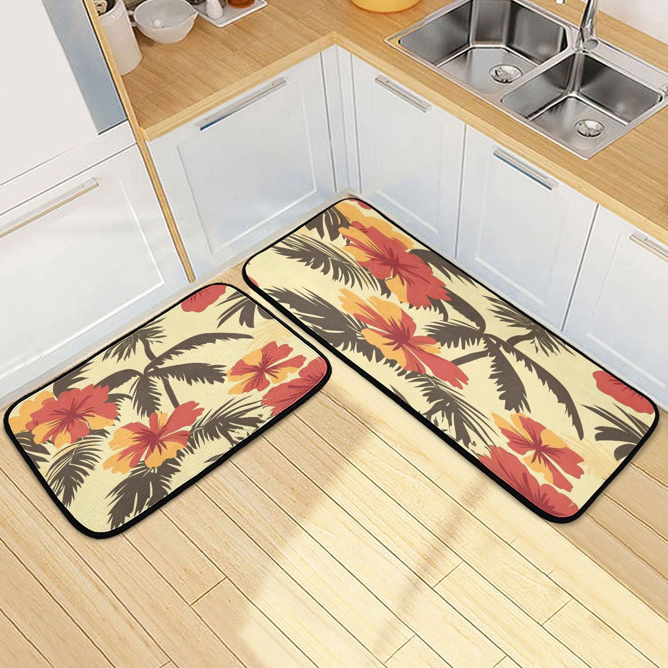 Ryvnso Tropical Leaf Flower Kitchen Rugs Set Non Slip Runner Mats for ...