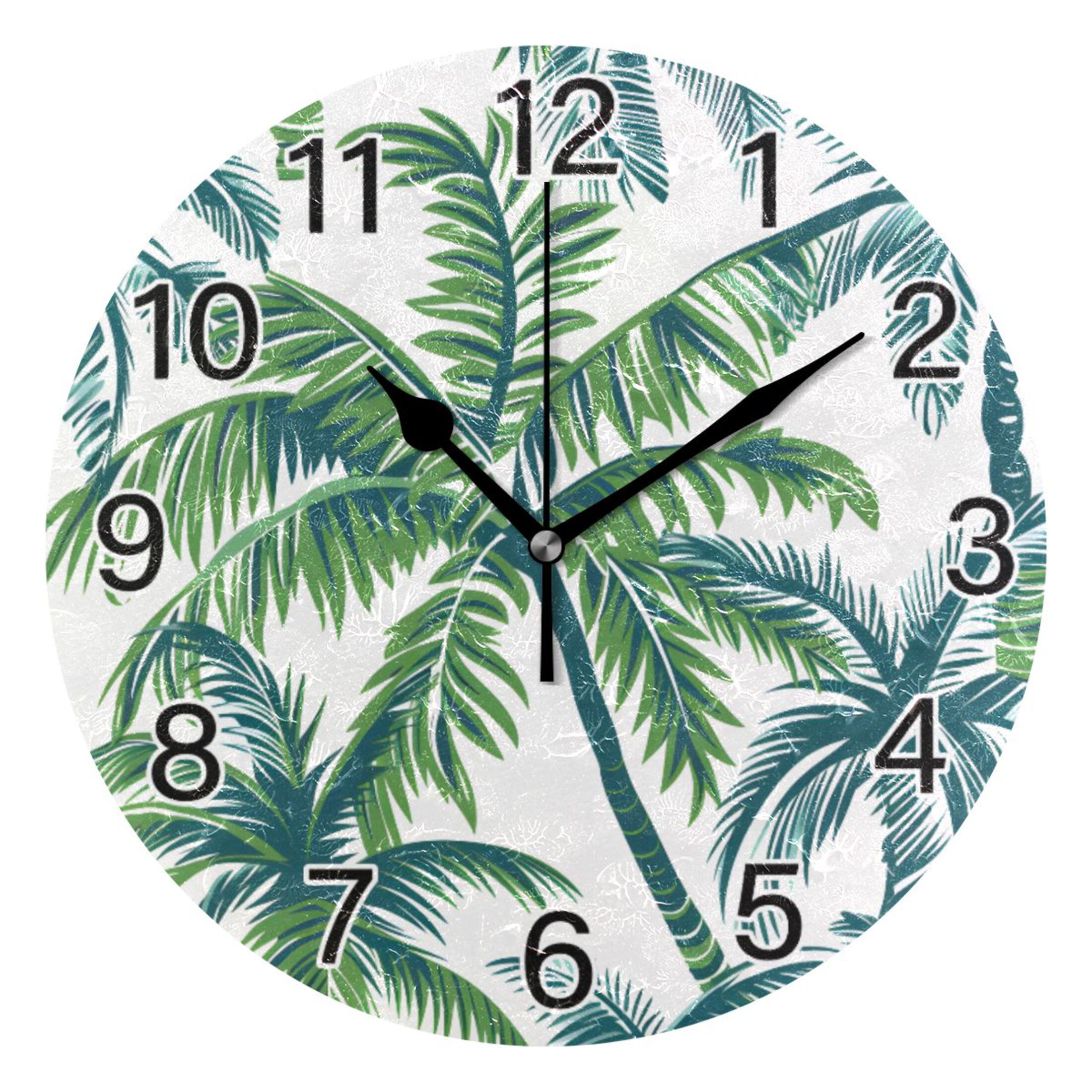 Ryvnso Tropical Palm Tree Leaves Wall Clock Non Ticking Silent Kitchen ...