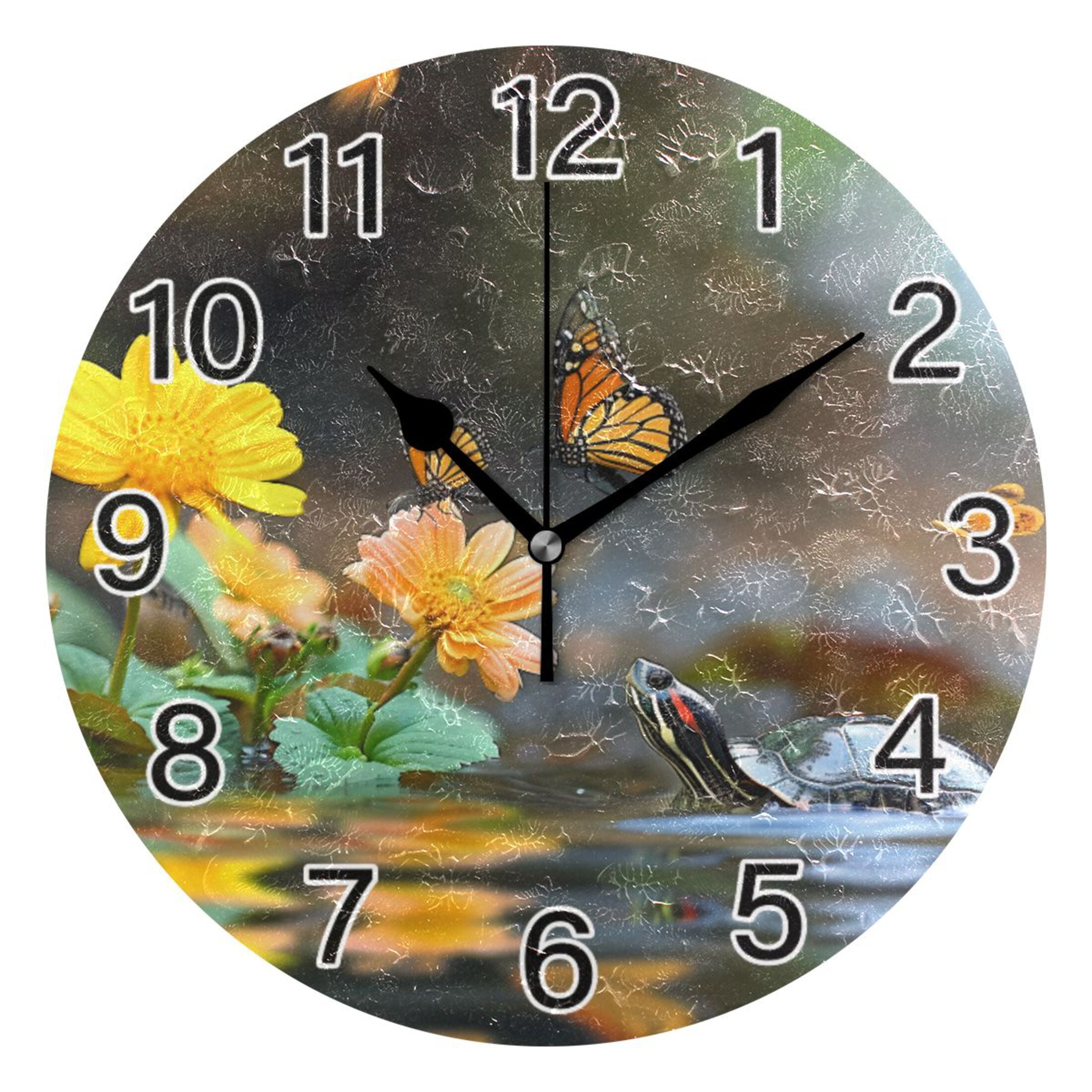 Ryvnso Turtle in Sea Floral Butterfly Wall Clock Non Ticking Silent ...