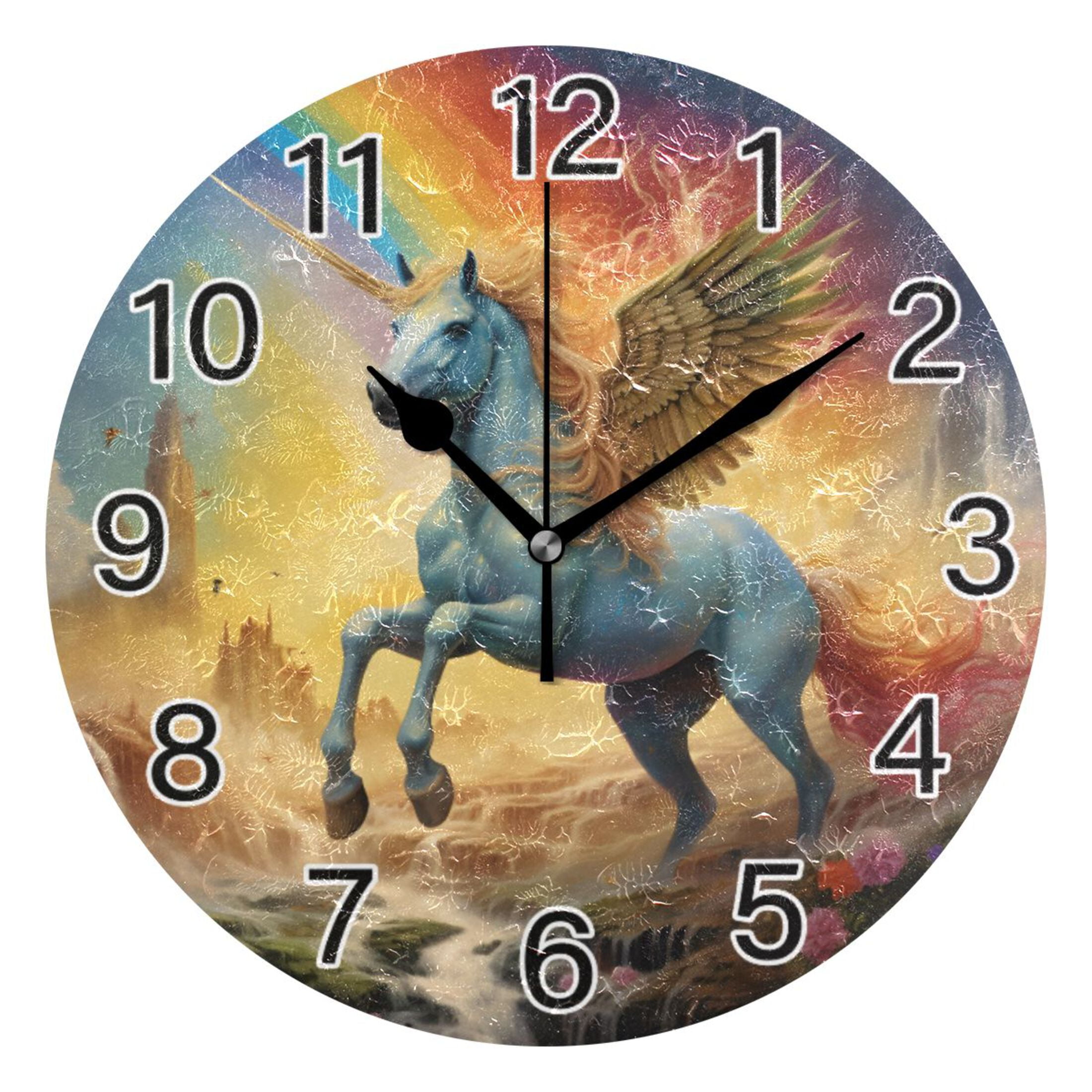 Ryvnso Unicorn Flying Rainbow and Flower Wall Clock Non Ticking Silent ...