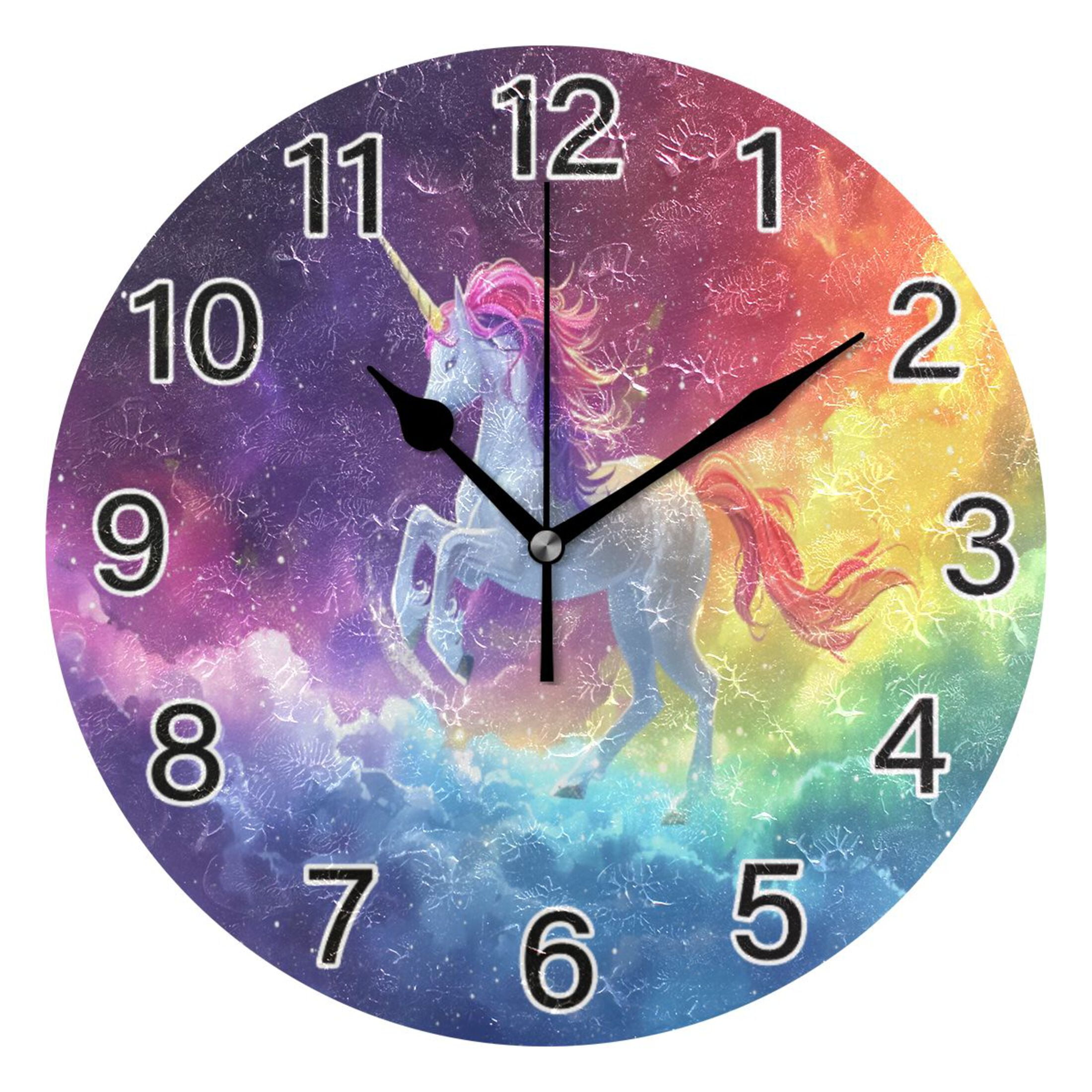 Ryvnso Unicorn Running on Rainbow Wall Clock Non Ticking Silent Kitchen ...