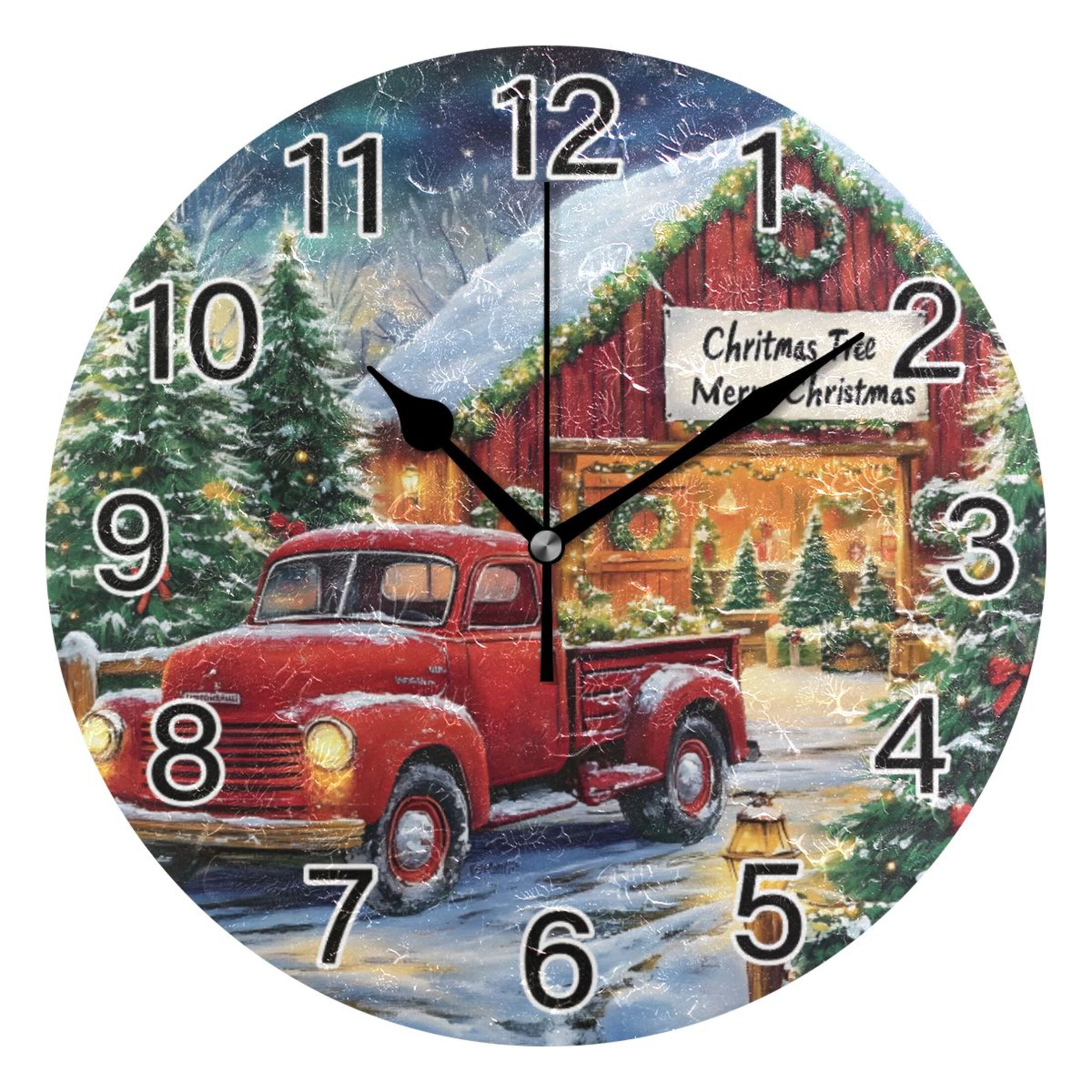 Ryvnso Vintage Truck Christmas Wall Clock Non Ticking Silent Kitchen ...