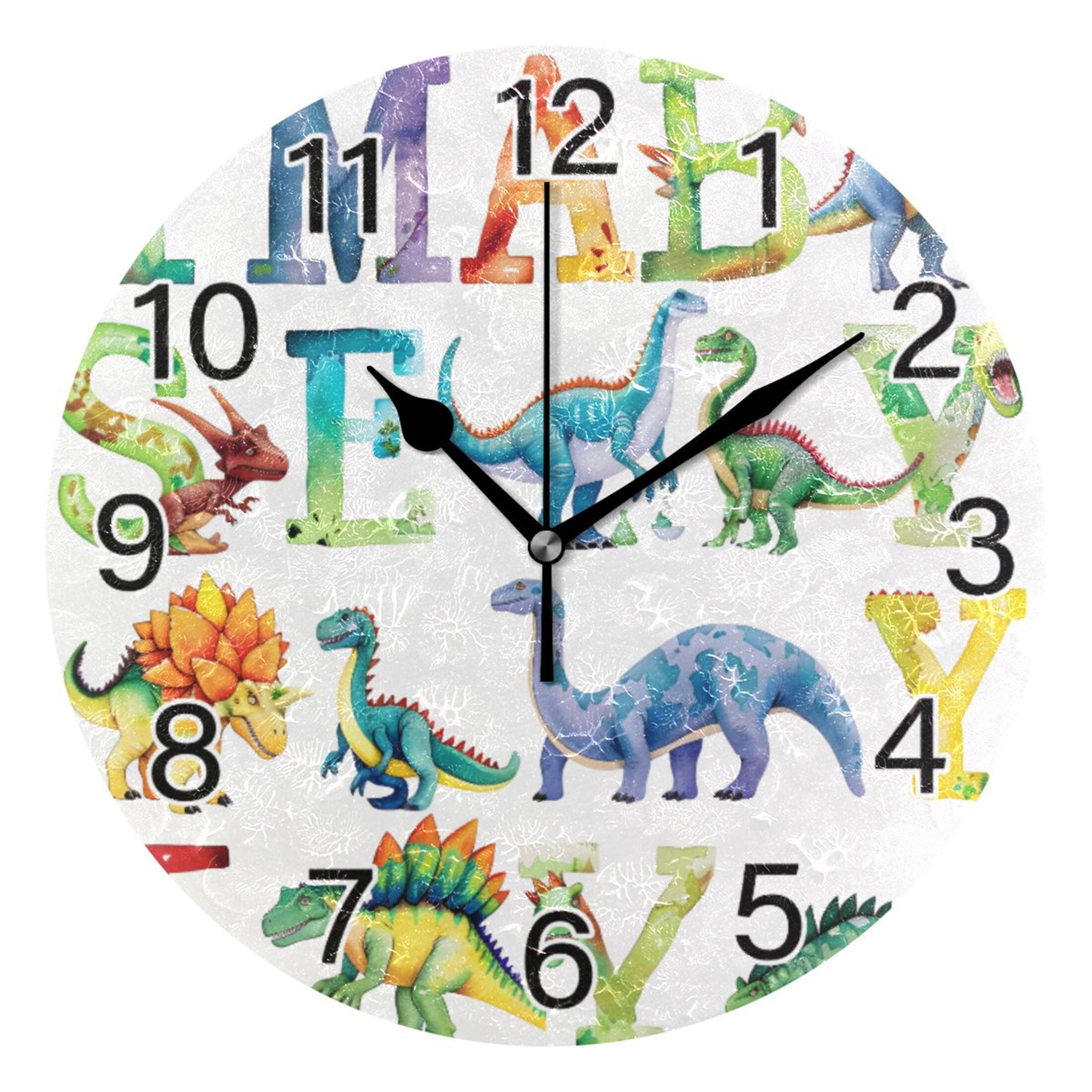 Ryvnso Watercolor Cute Dinosaur Wall Clock Non Ticking Silent Kitchen ...