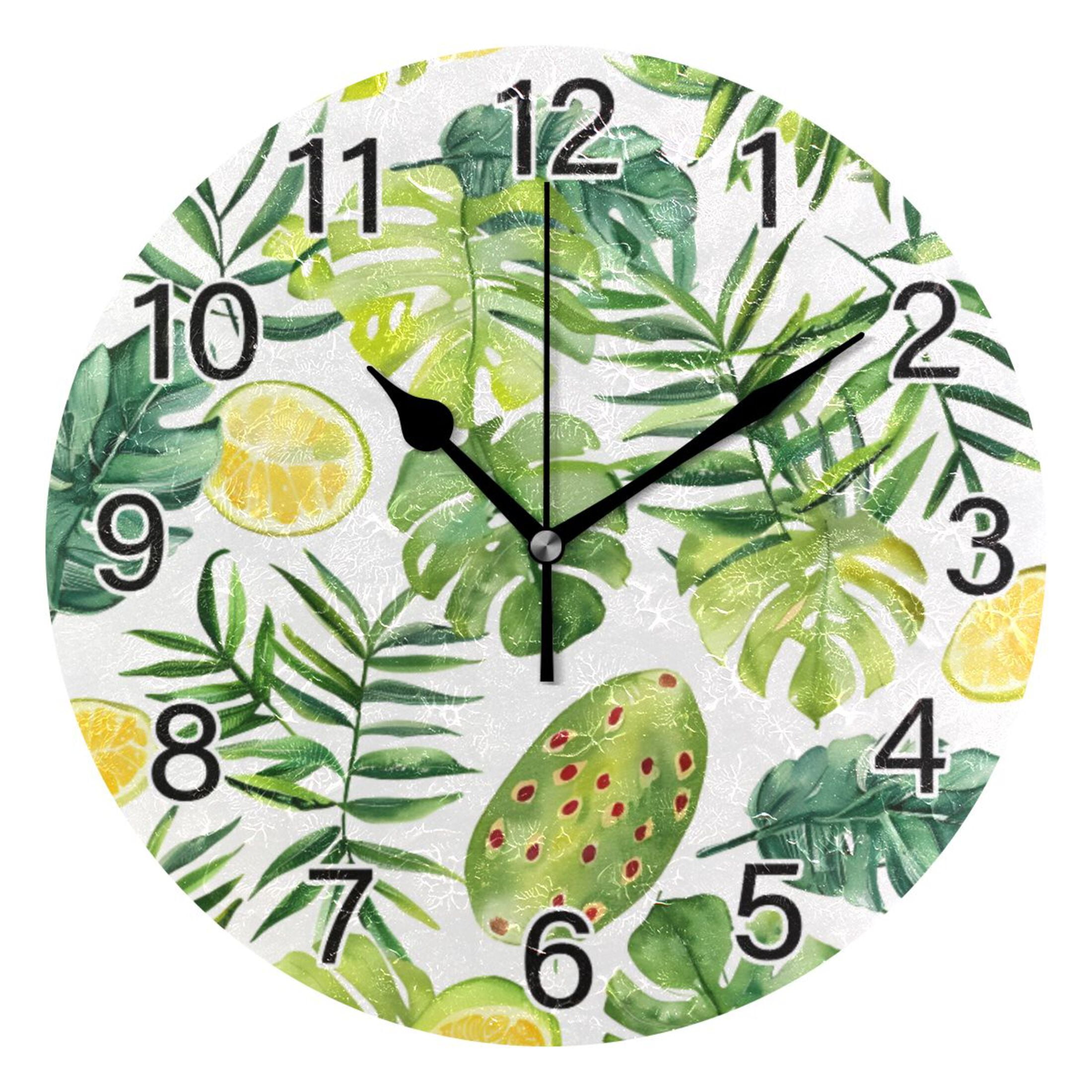 Ryvnso Watercolor Green Tropical Leaves Wall Clock Non Ticking Silent ...