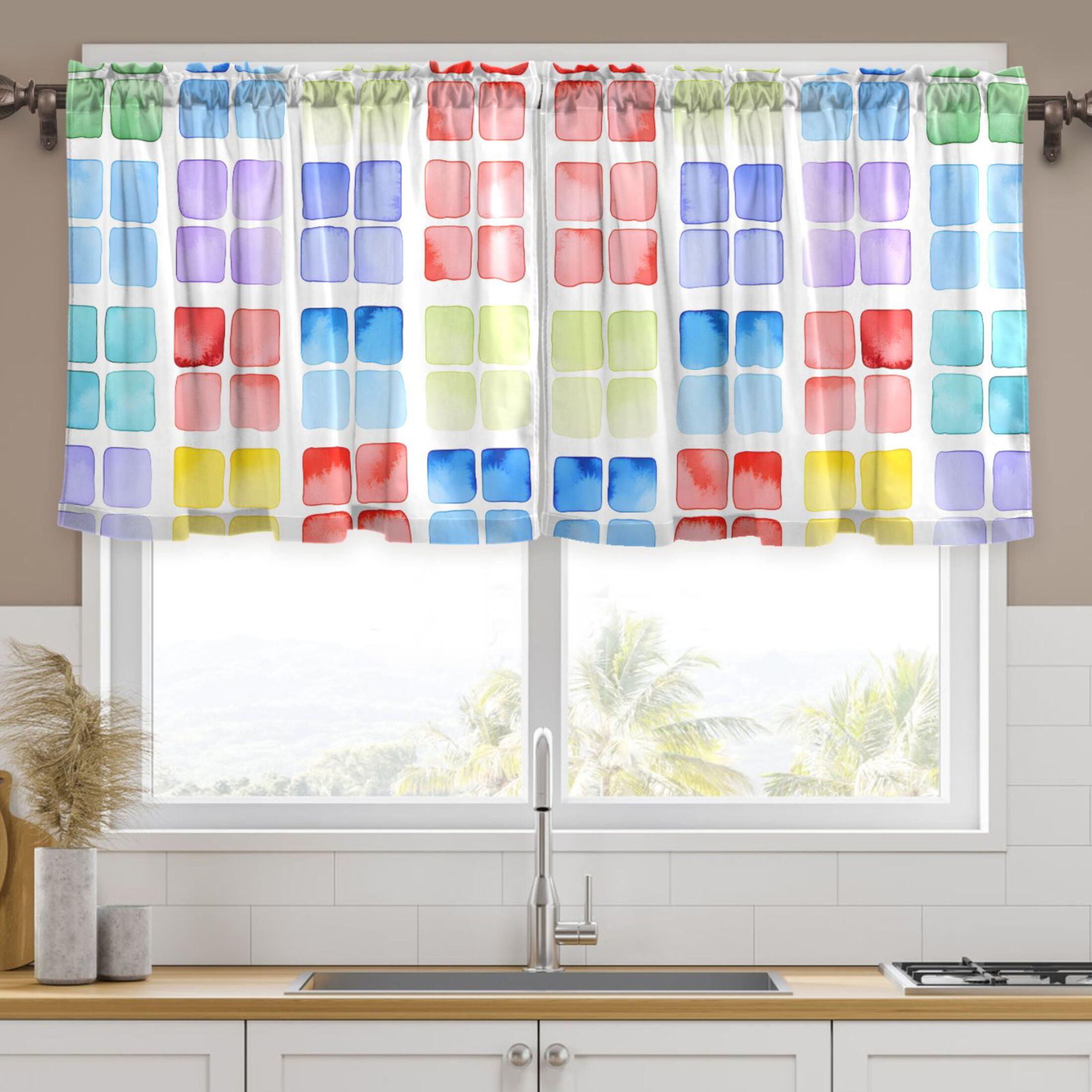 Ryvnso Watercolor Rainbow Squares Curtains Sets Short Curtain Rod ...