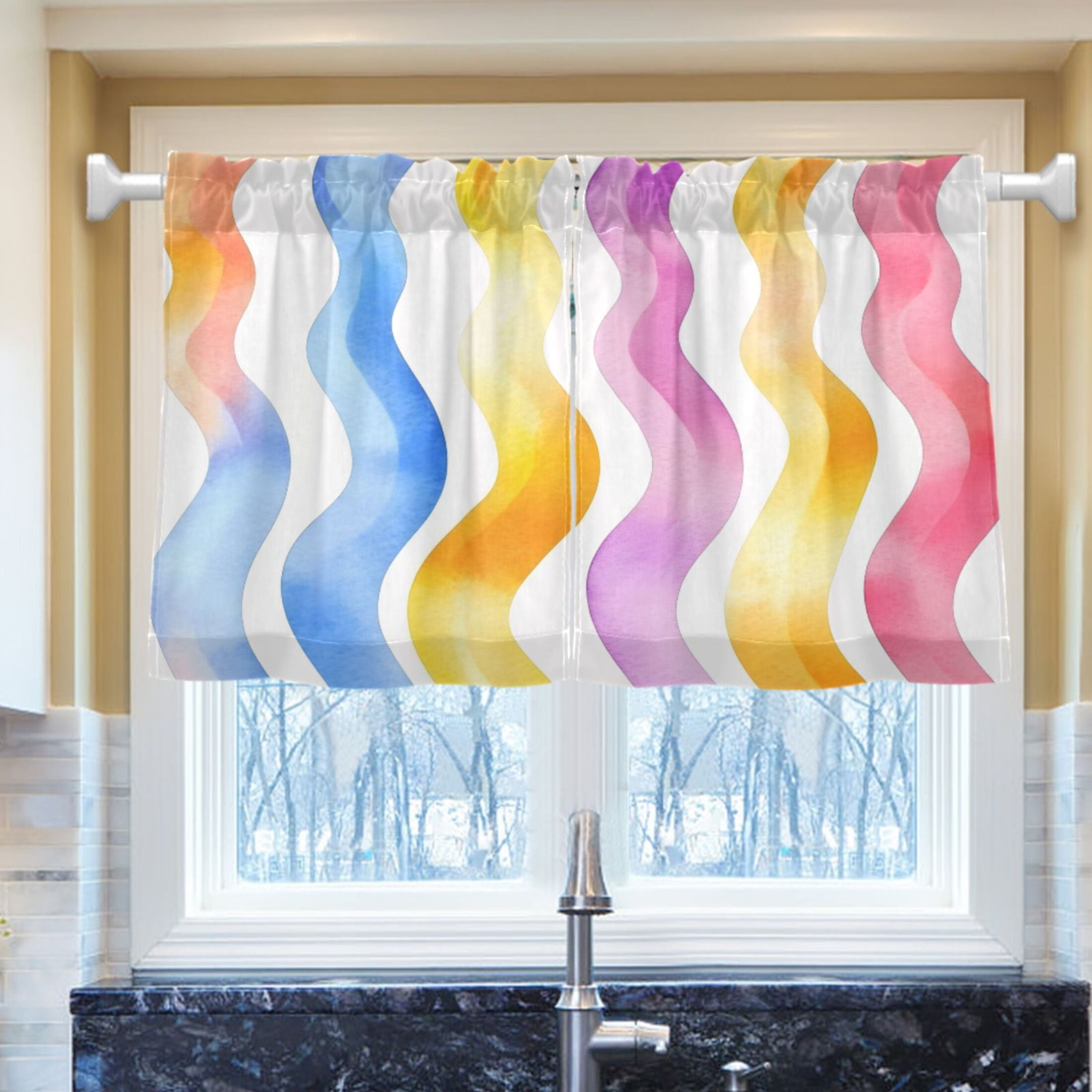 Ryvnso Watercolor Wavy Half Curtains Sets Tier 2 Panels Short Curtain ...