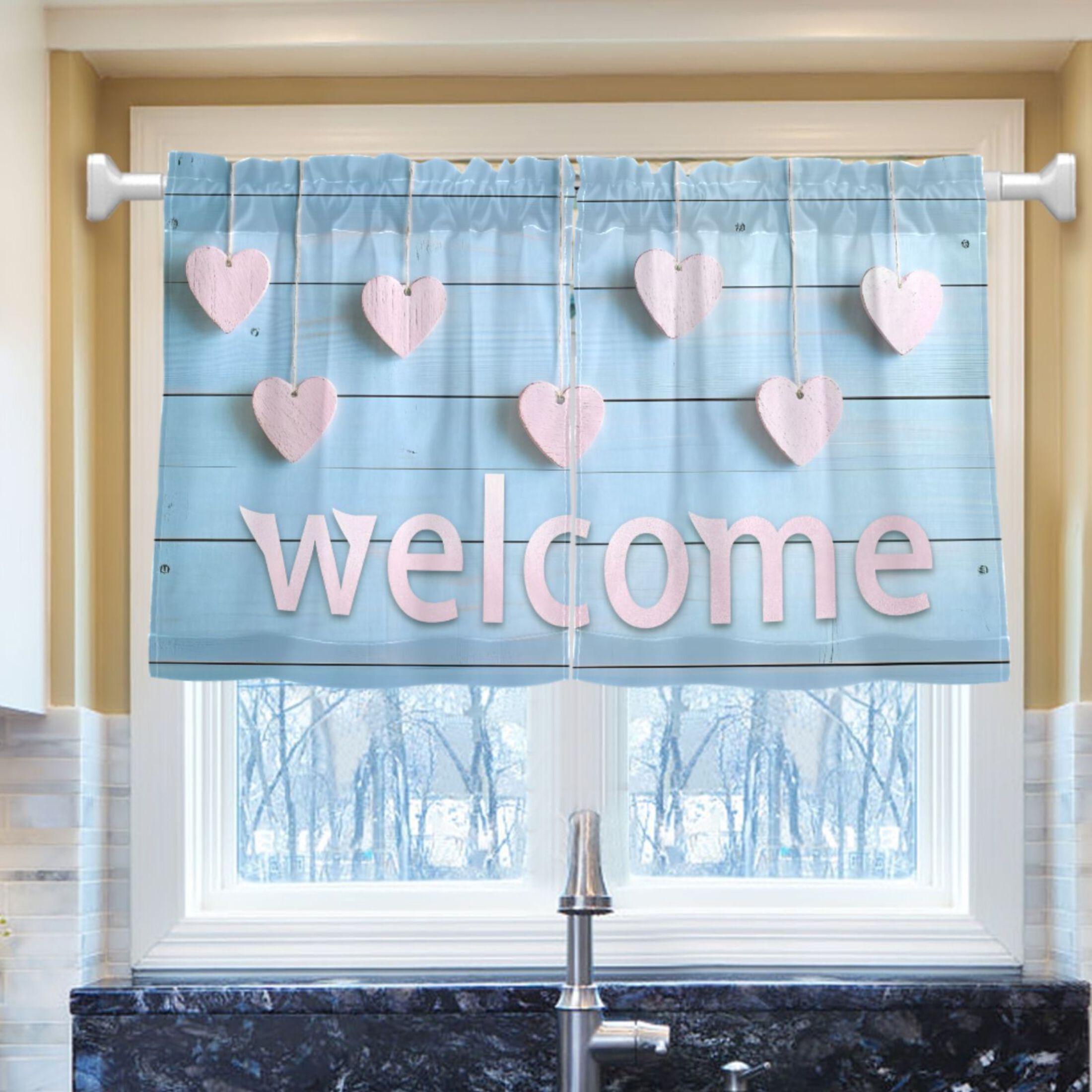 Ryvnso Welcome and Heart Half Curtains Sets Tier 2 Panels Short Curtain ...
