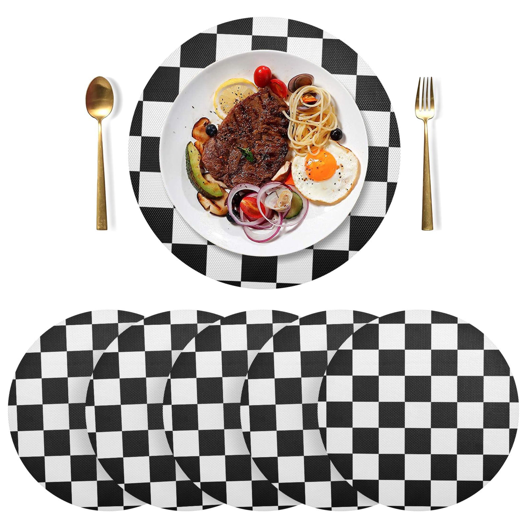Ryvnso White and Black Checkered Grid Art Pattern Round Plate Mats ...
