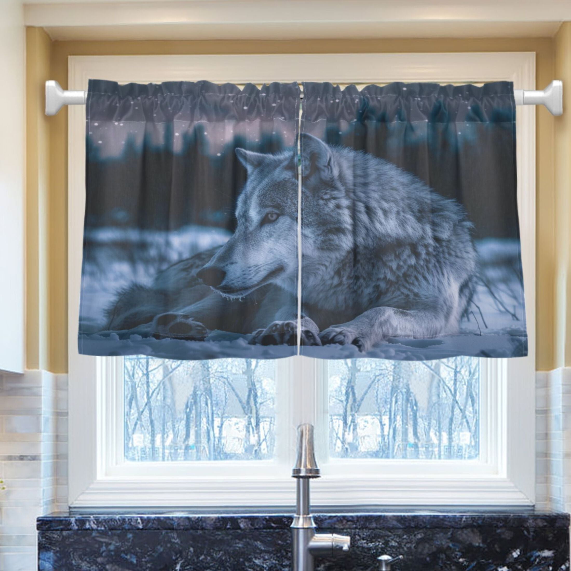 Ryvnso Wolf in Night Sky Half Curtains Sets Tier 2 Panels Short Curtain ...