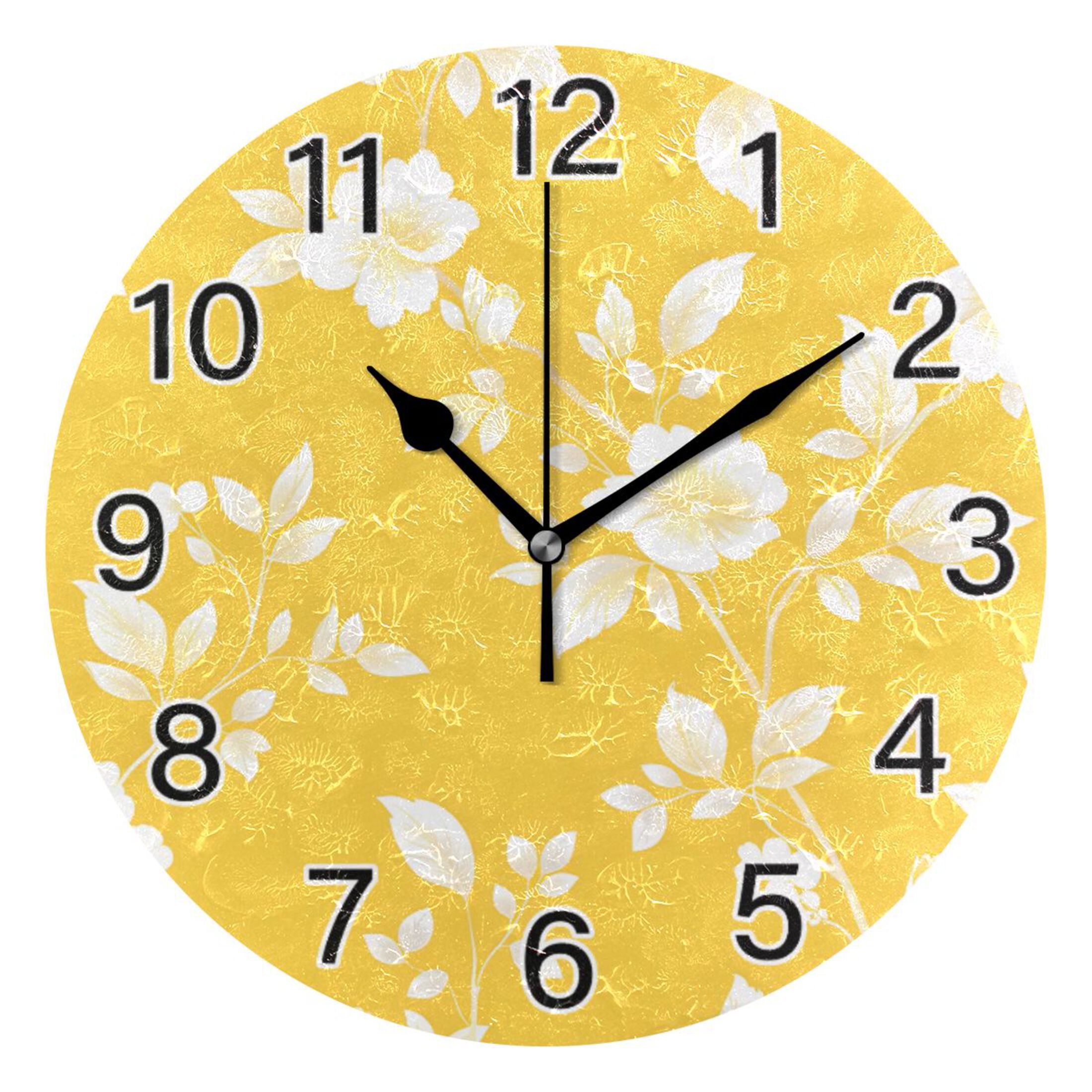 Ryvnso Yellow Leaves Flower Wall Clock Non Ticking Silent Kitchen Clock ...