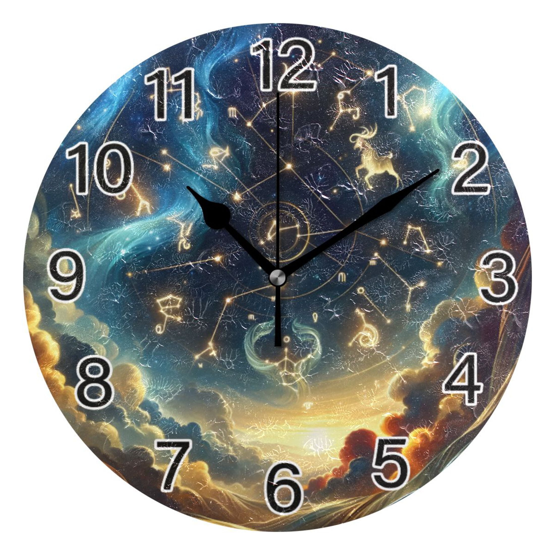 Ryvnso Zodiac Stars in Night Sky Wall Clock Non Ticking Silent Kitchen ...