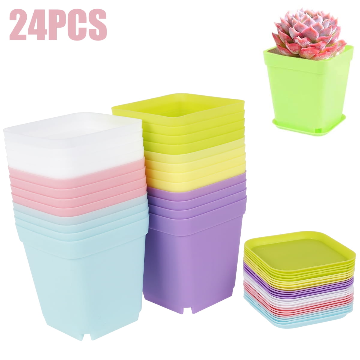 Rzvnmko 24Pcs Small Pots with Tray, Square Plastic Pots, Drainage Holes ...
