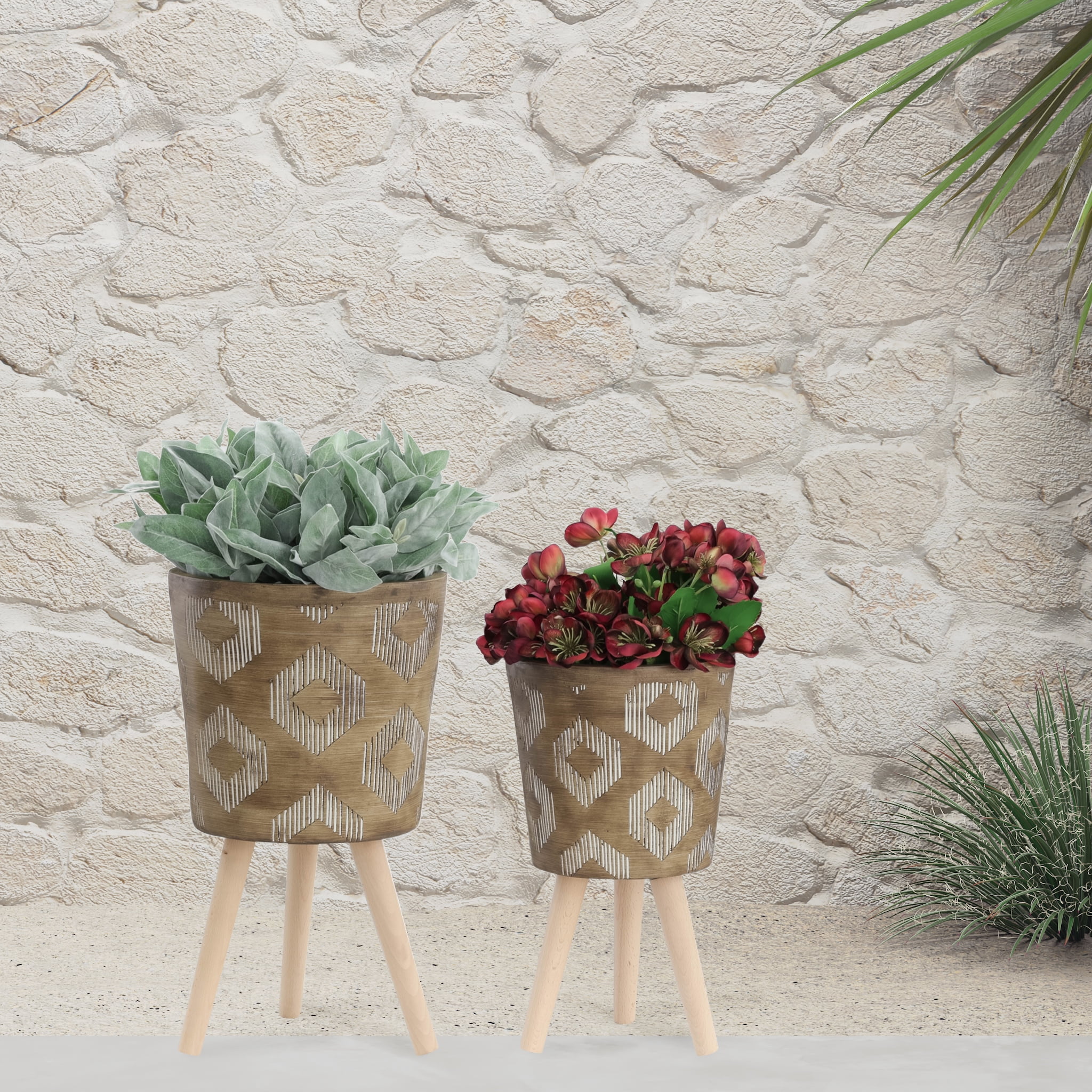 Outdoor Planters S/2 10/12" DIAMOND PLANTER W/ WOOD LEGS, BROWN KD ...