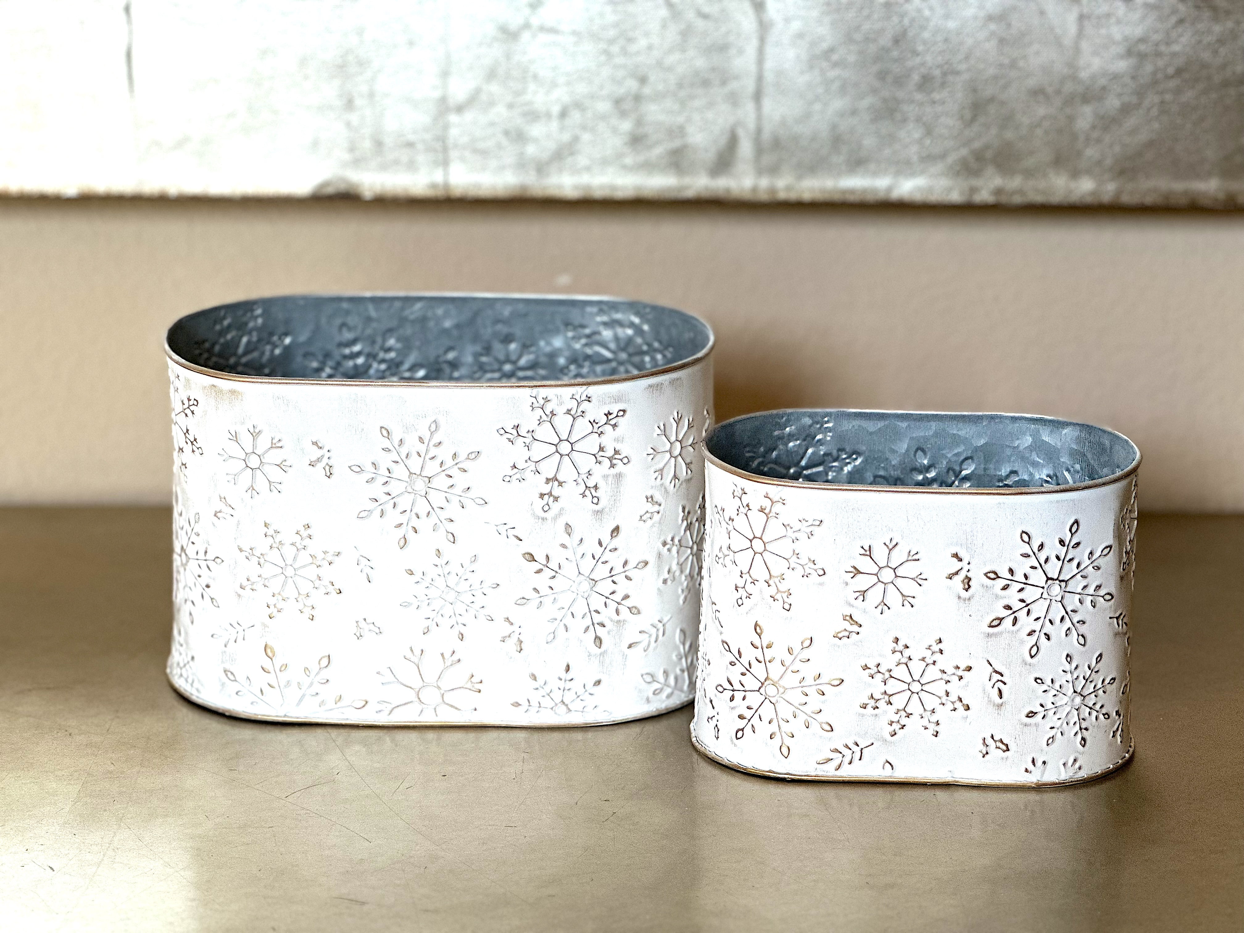 S/2 Decorative Metal Oval Buckets White & Gold Snowflakes Embossed ...