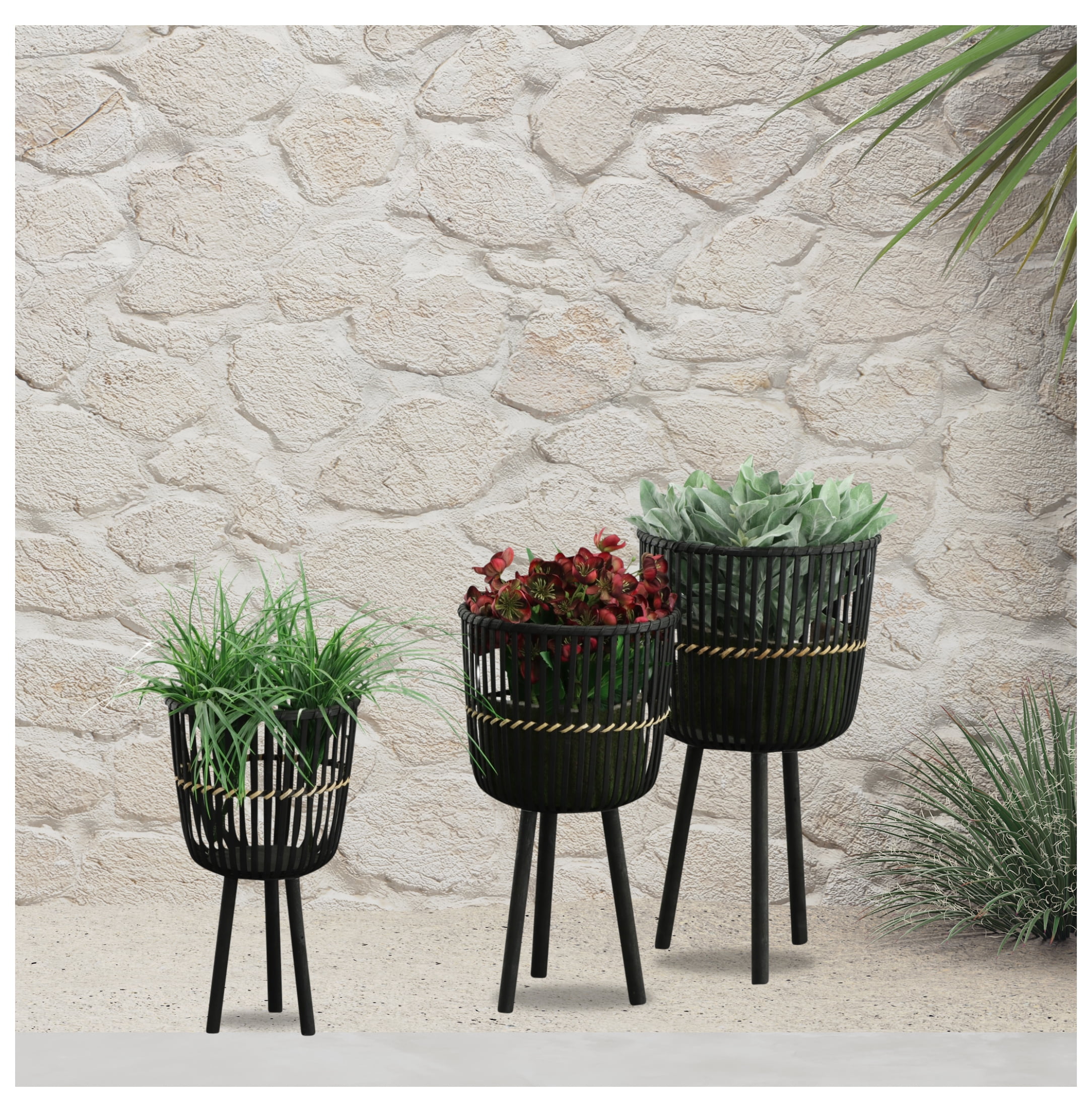 S/3 BAMBOO FOOTED PLANTERS 11/13/15", BLACK Black + Bamboo - Walmart.com