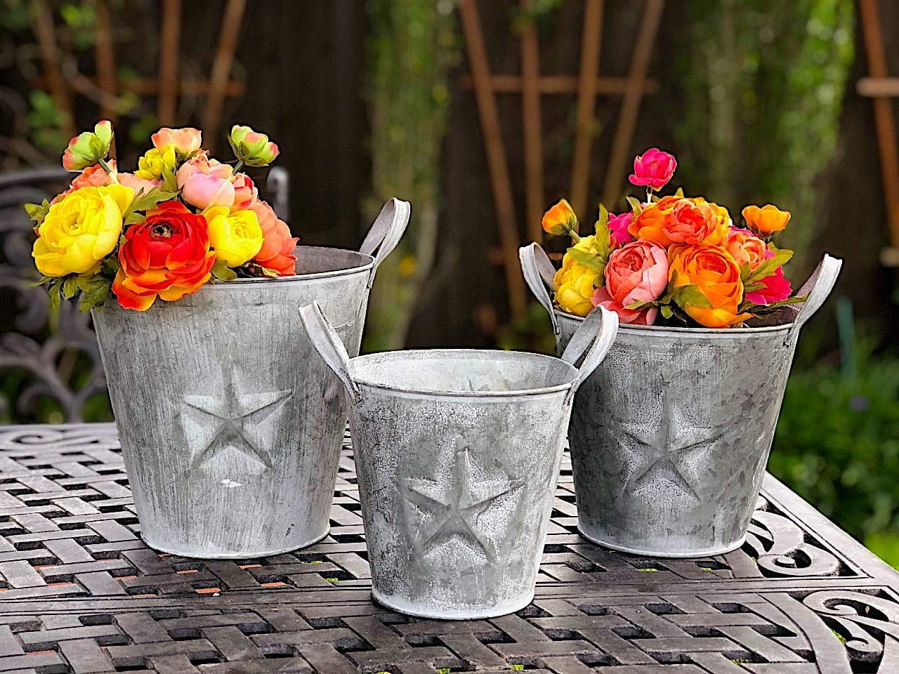 S/3 Metal Buckets Planters With Handles Tarnished Silver Lone Star ...