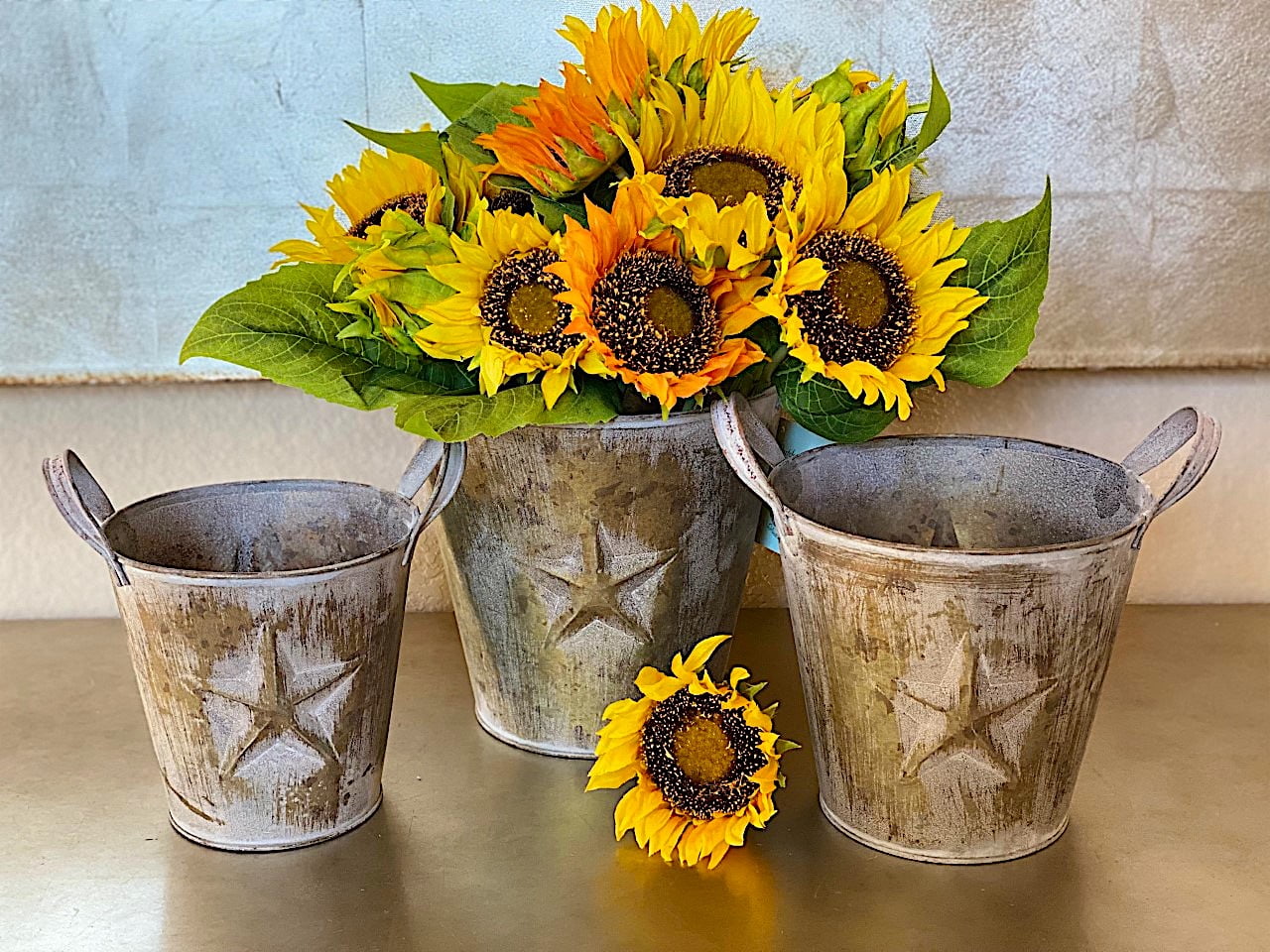 S/3 Metal Buckets Planters With Handles Lone Star Tarnished Gold Design ...