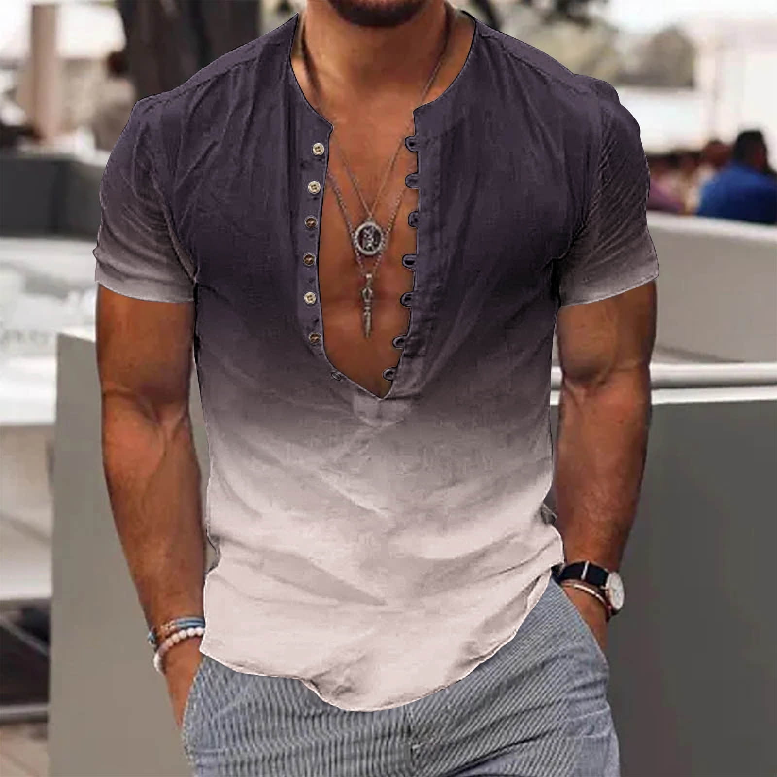 S-5XL Plus Size Shirts for Men Big & Tall Short Sleeve Tshirts Button ...