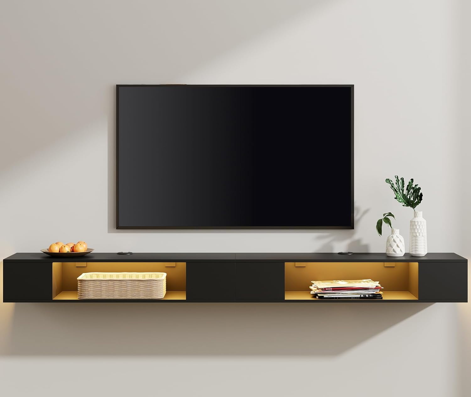 S 80 inch Floating TV Shelf with Yellow Light, Floating Entertainment ...