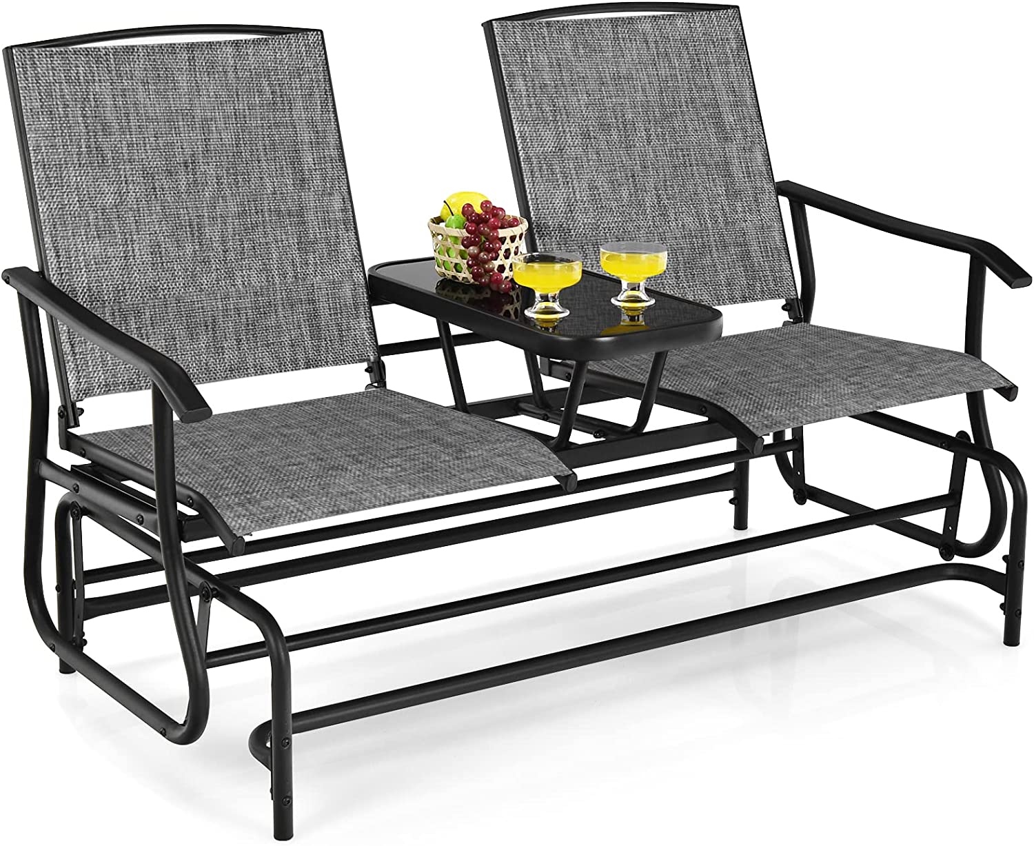 S AFSTAR 2-Person Outdoor Glider, Patio Glider Bench Chairs with Center Tempered Glass Table ...