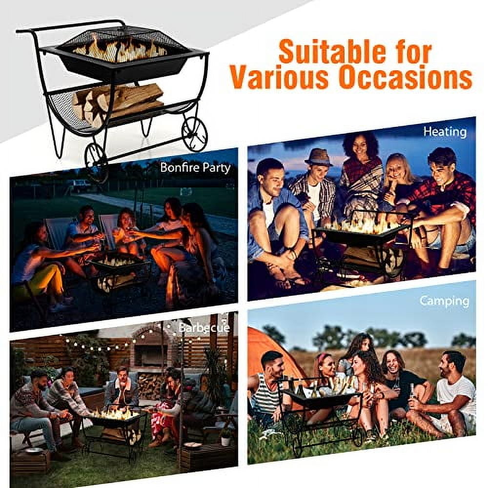 S AFSTAR 21.5" Fire Pit & Firewood Log Rack, Outdoor Square Firepit ...