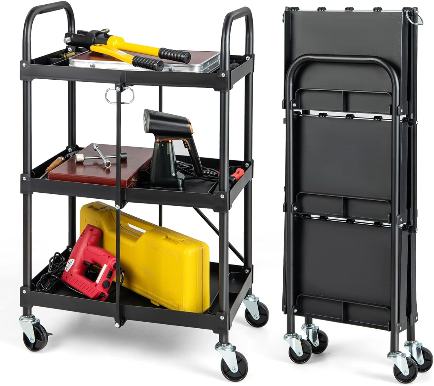 S AFSTAR 3-Tier Folding Tool Cart on Wheels, Rolling Tool Storage ...