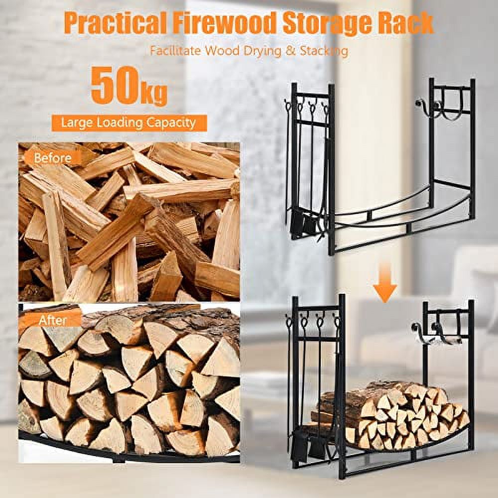 S AFSTAR 36” Outdoor Firewood Rack, Heavy-duty Steel Log Holder w/Kindling Holders & Fireplace ...