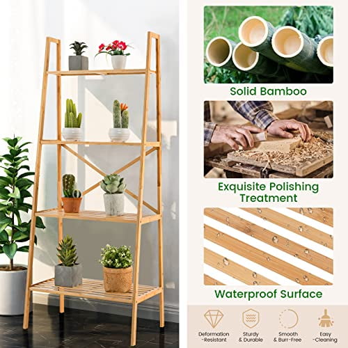 S AFSTAR 4-Tier Freestanding Bamboo Ladder Bookshelf, 58" Tall Ladder ...