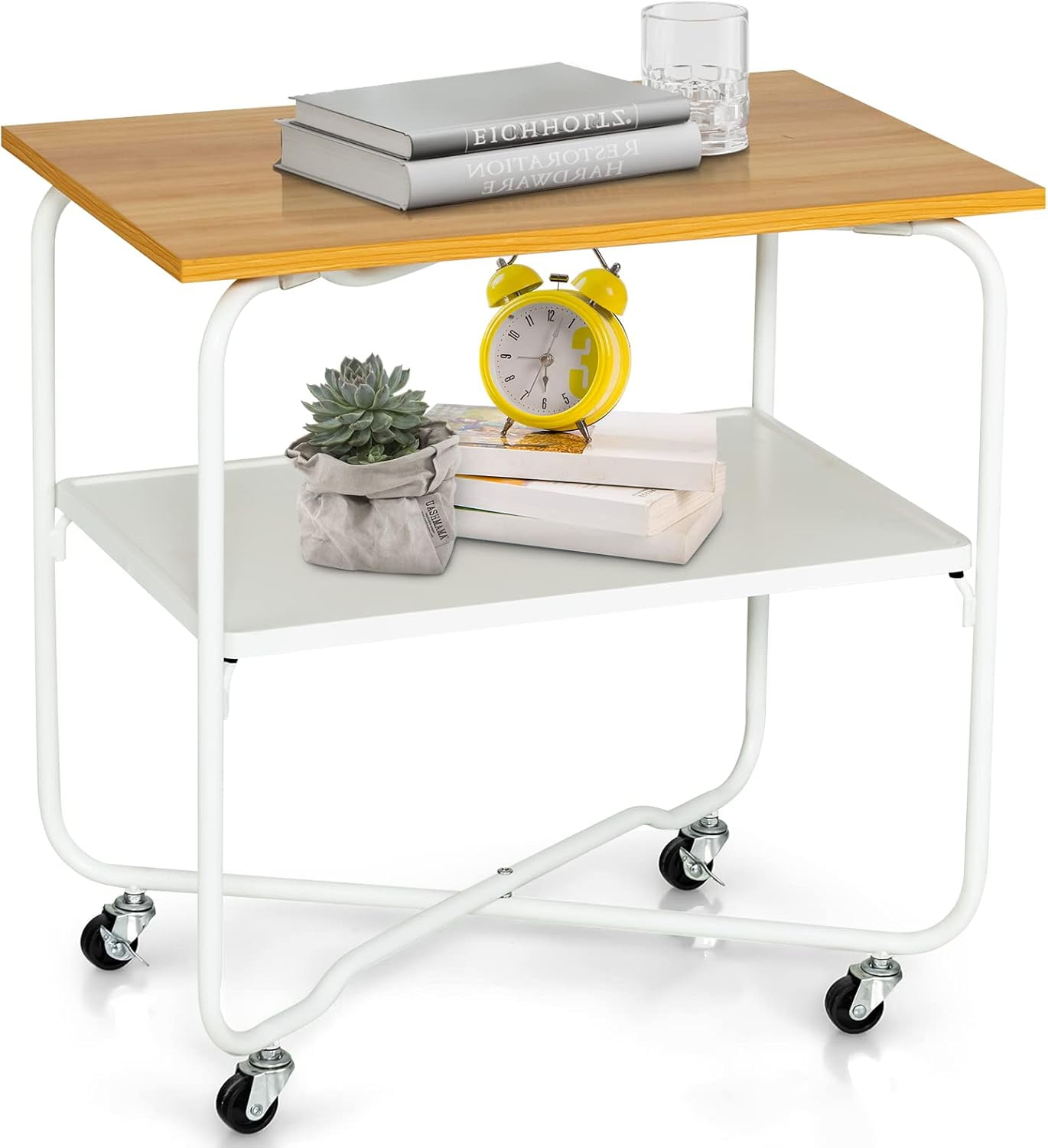 S AFSTAR End Table with Wheels, 2-Tier Rolling Side Table with Storage ...