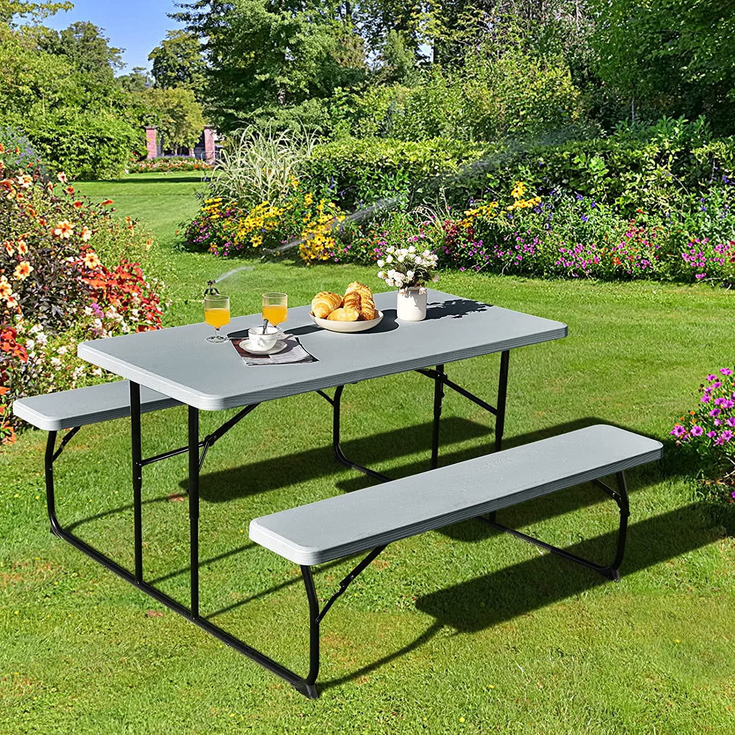 S AFSTAR Folding Picnic Table Bench Set, Foldable Picnic Table with 2 ...
