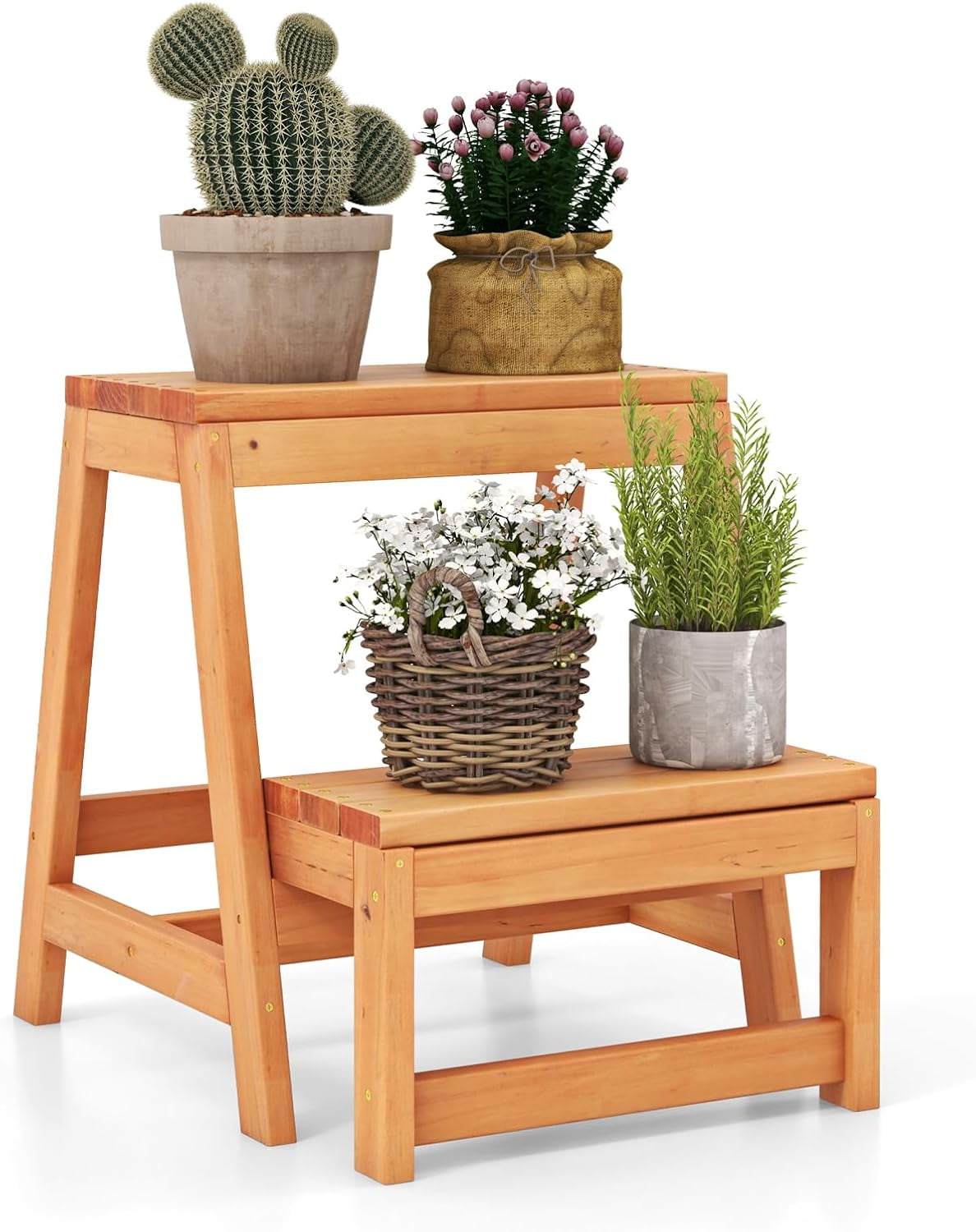 S AFSTAR Folding Stand, 2-Tier Wooden Step Ladder Flowerpot Shelf ...