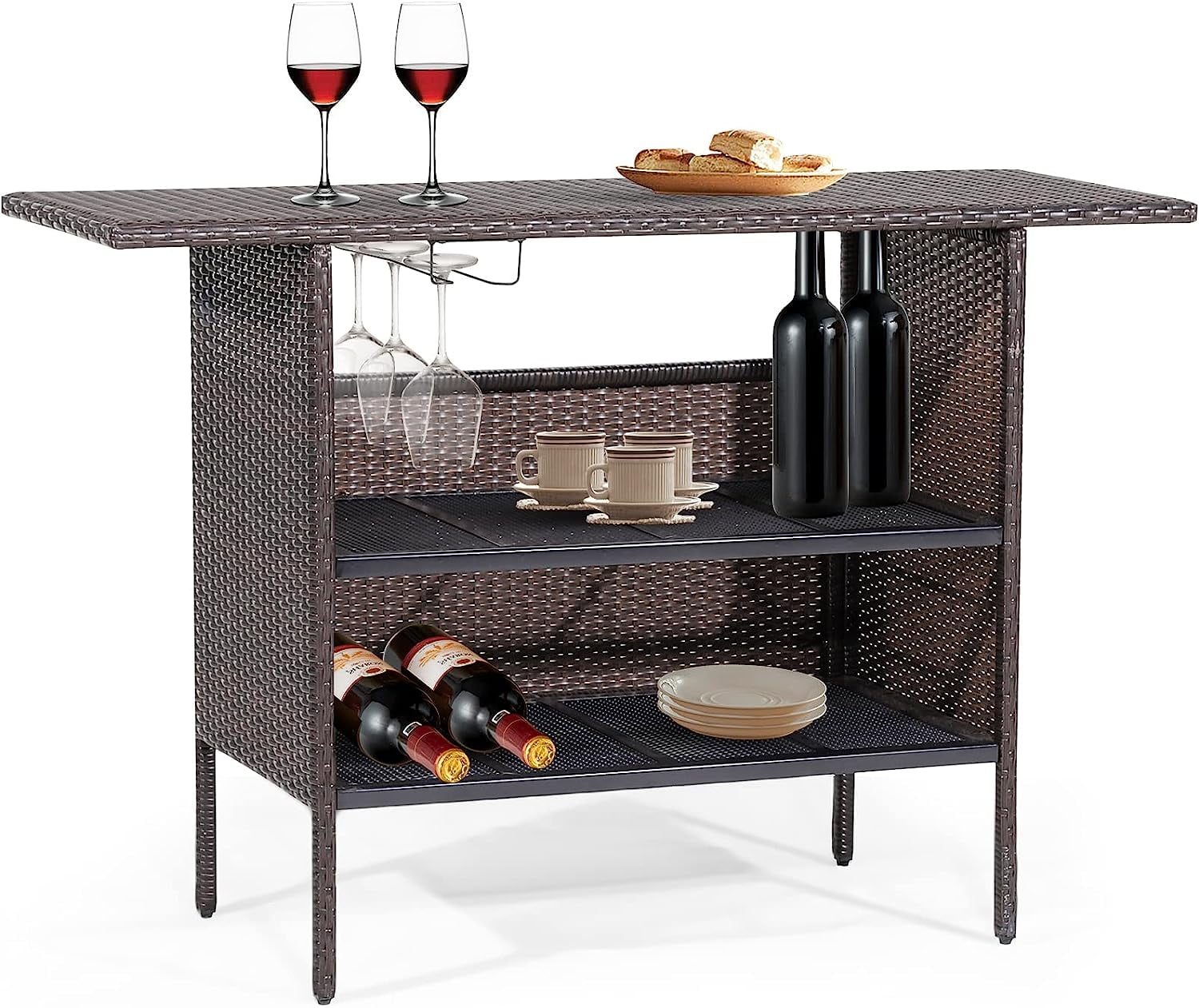 S AFSTAR Patio Rattan Bar Table, Outdoor Rattan Wicker Bar Counter ...