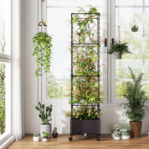 S AFSTAR Raised Garden Bed with Tomato Cage, 67" Planter Box W/Trellis & Lockable Wheels, Free ...