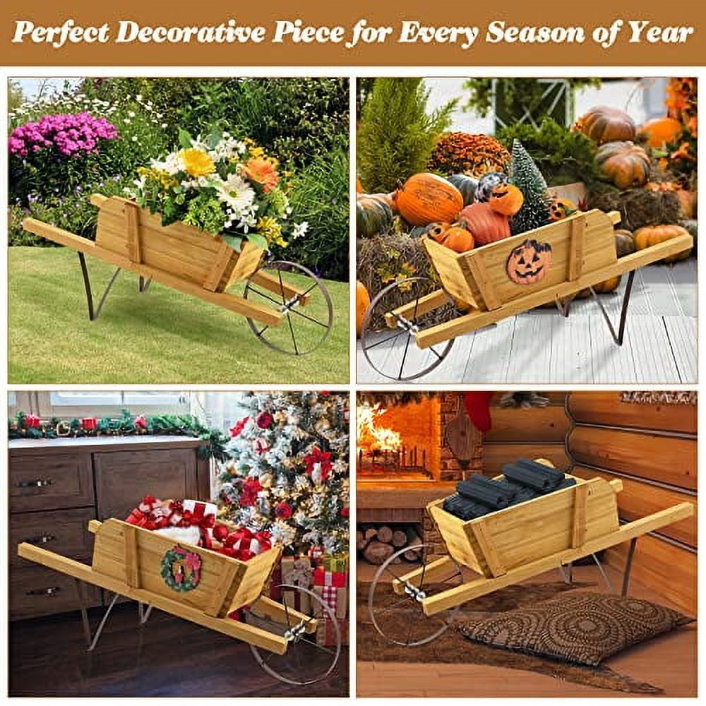 S AFSTAR Wood Wheelbarrow Planter, Flower Plant Pot Cart w/Metal Wheel ...