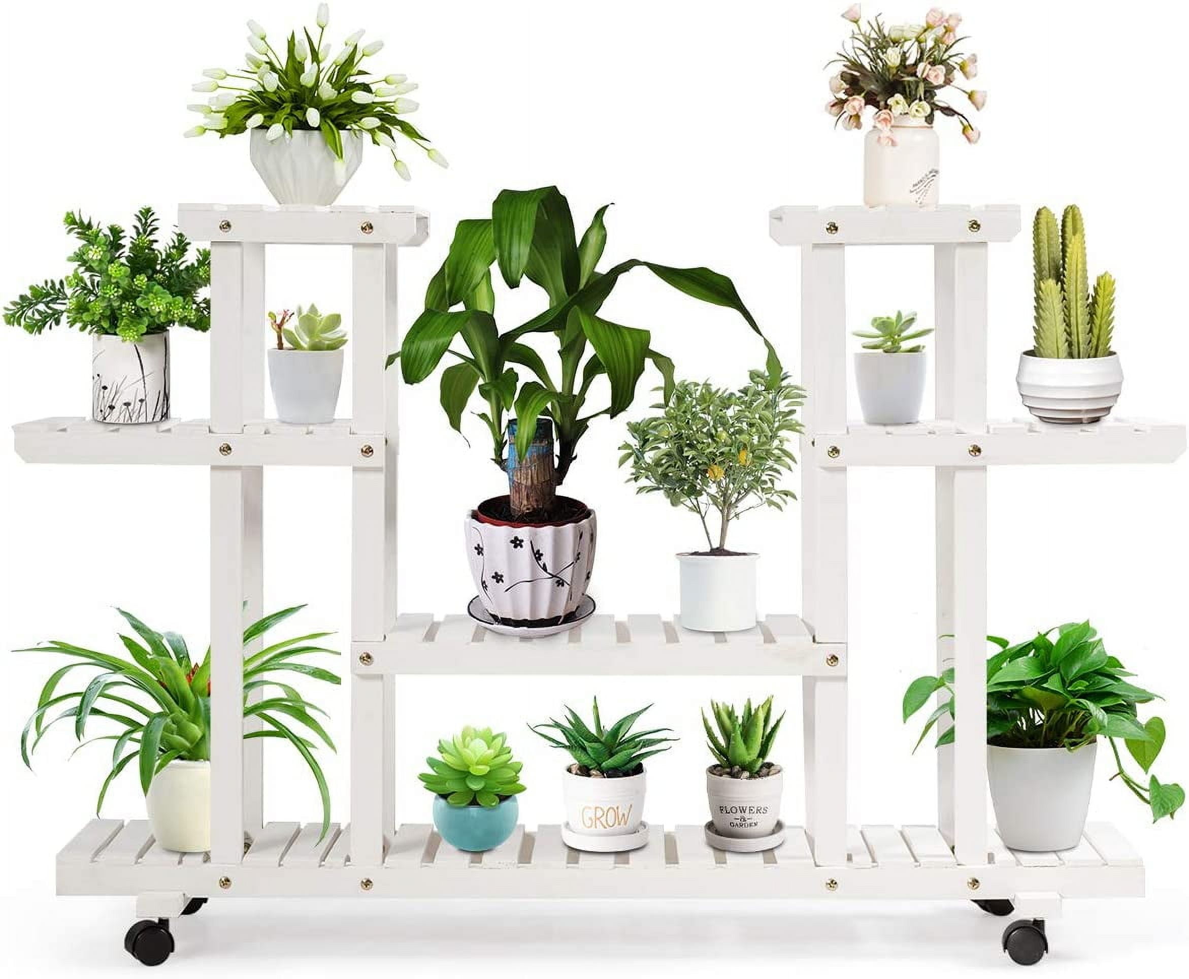 S AFSTAR Wooden Flower Rack with Wheels, 4-Tier Plant Stand ...