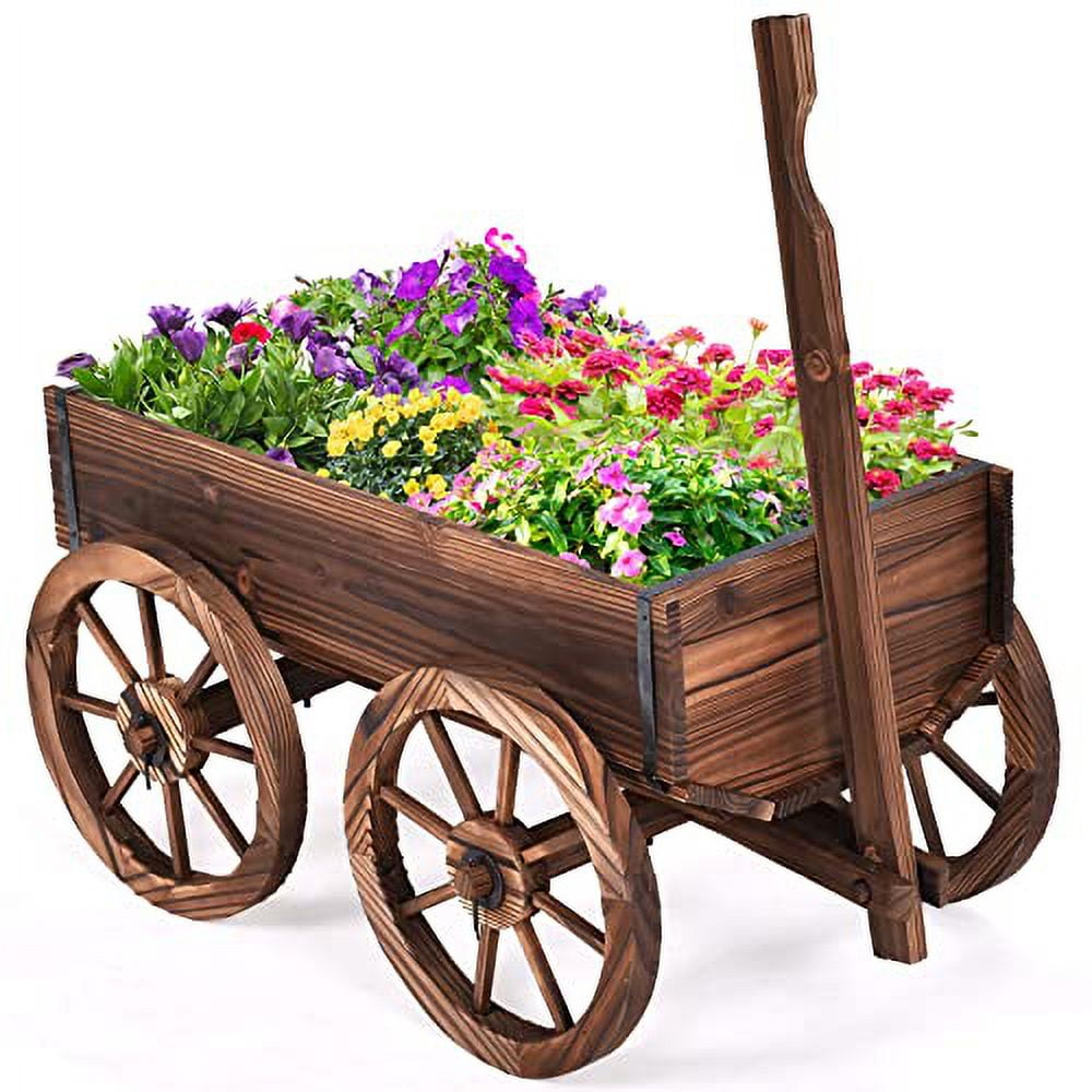 S AFSTAR Wooden Wagon, Wood Flower Planter Pot Stand with 4 Wheels ...
