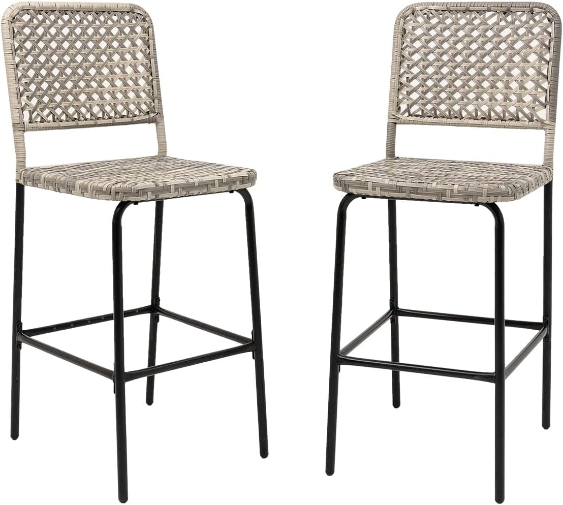 S Bar Stools Set of 2, Hand Woven PE Rattan Hollow Back Armless Barstools for Deck Yard Porch ...