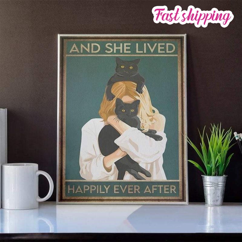S Cat Lovers And She Lived Happily Ever After Vintage Home Poster Wall ...