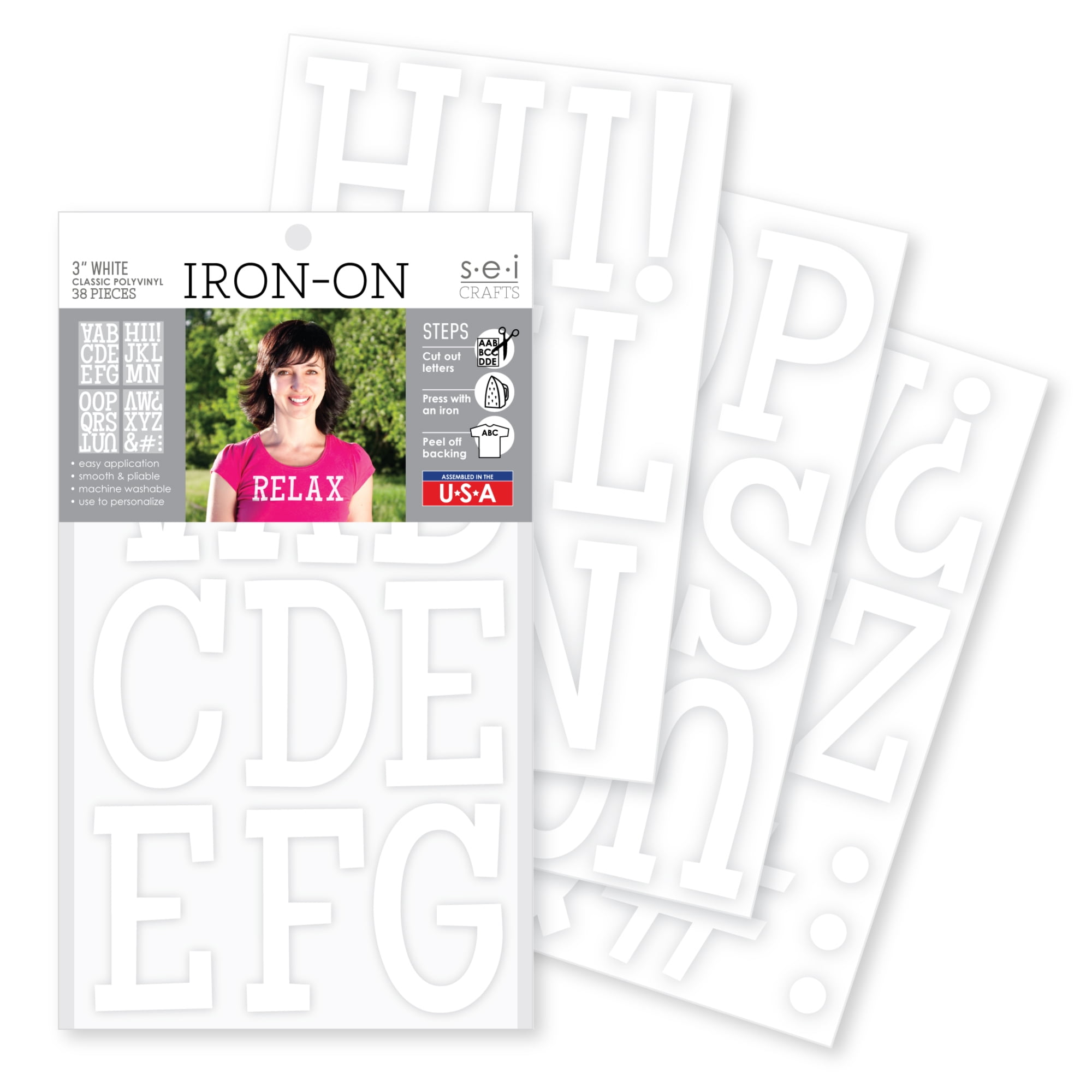 S.E.I. 3-inch Classic Polyvinyl Heat Transfer Iron-on Letters, White ...
