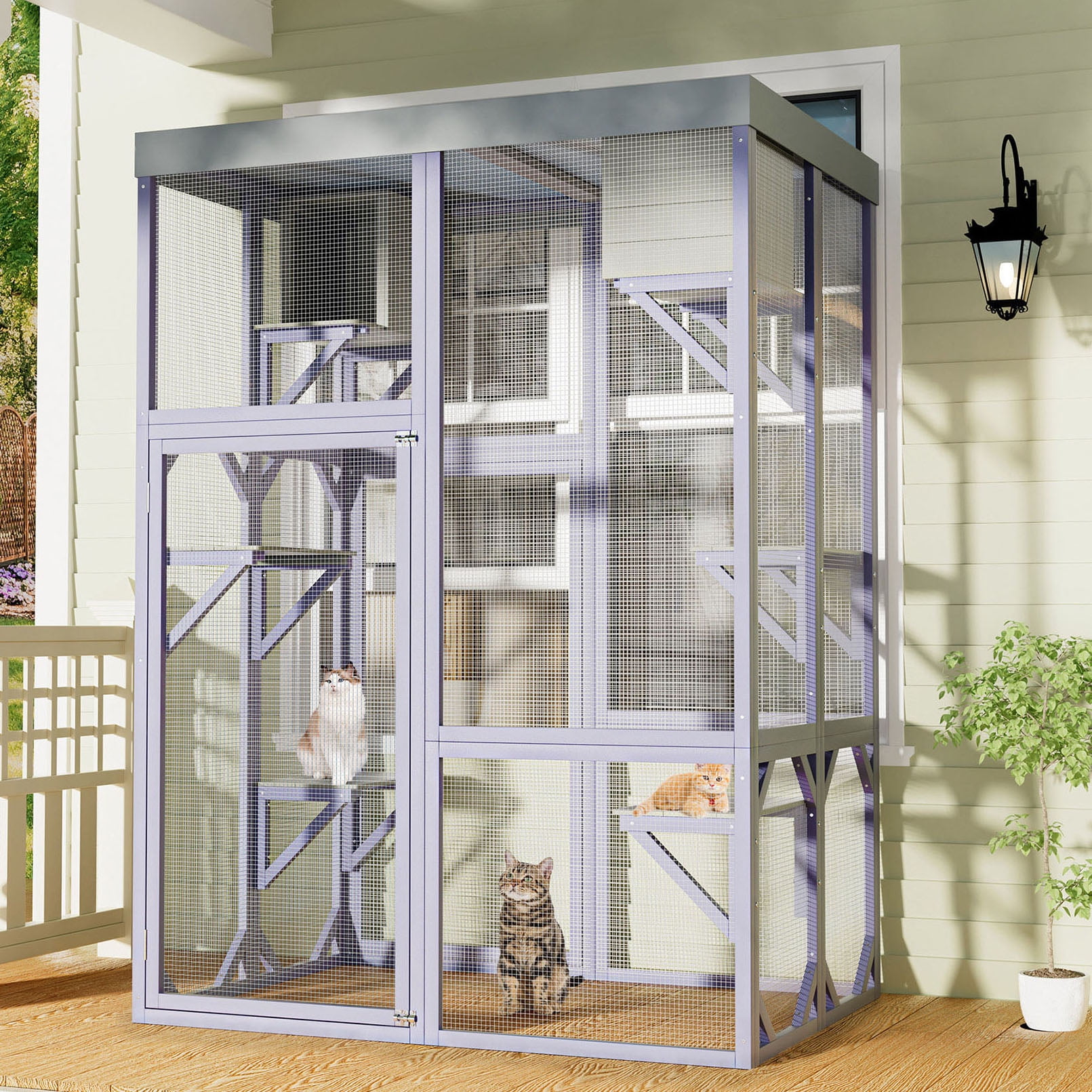 S-HOME 4 Platform Outdoor Cat Enclosure in Gray Crafted from Solid Wood ...