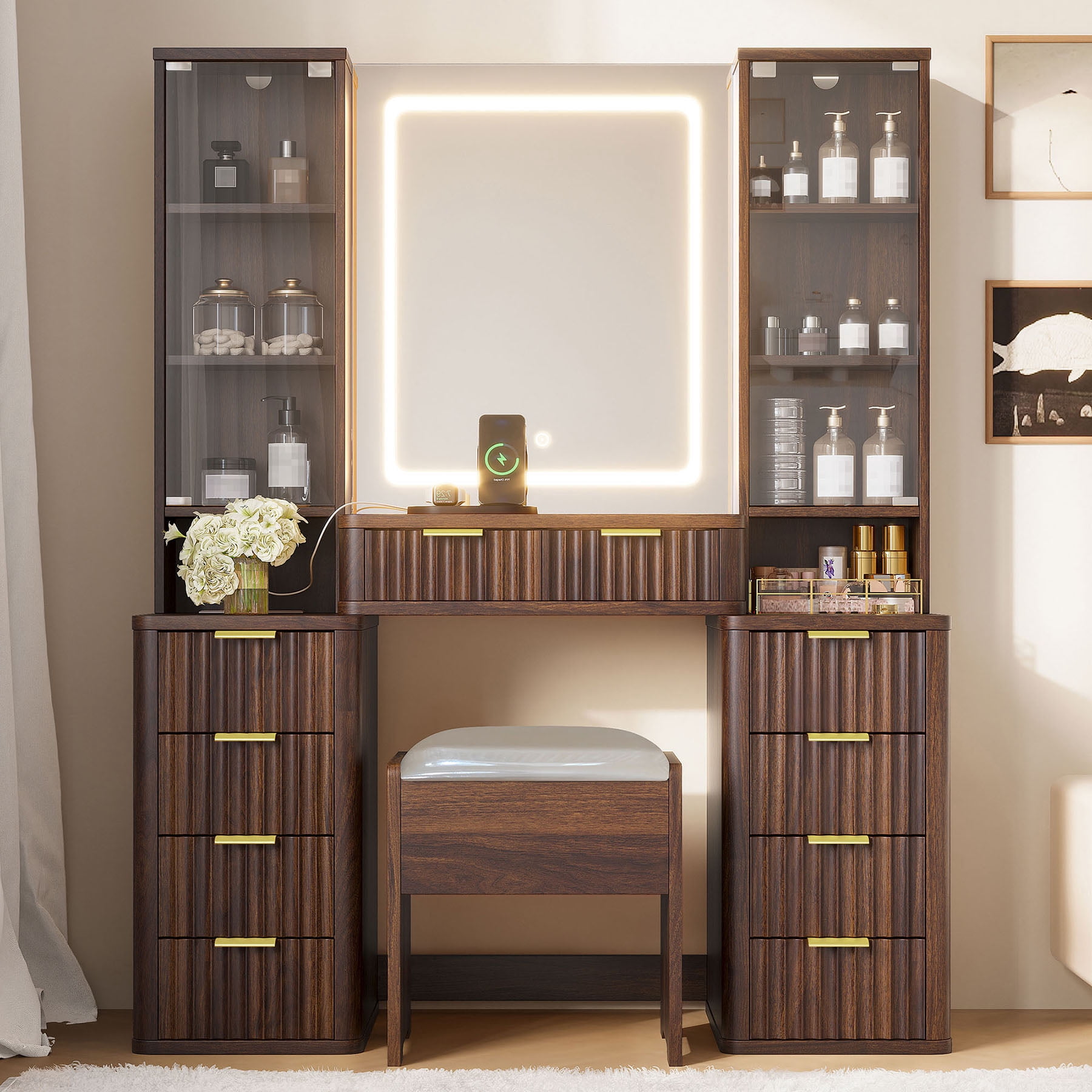 S-HOME 43.5 Inch Fluted Makeup Vanity Table in Modern Design, Glass Top ...