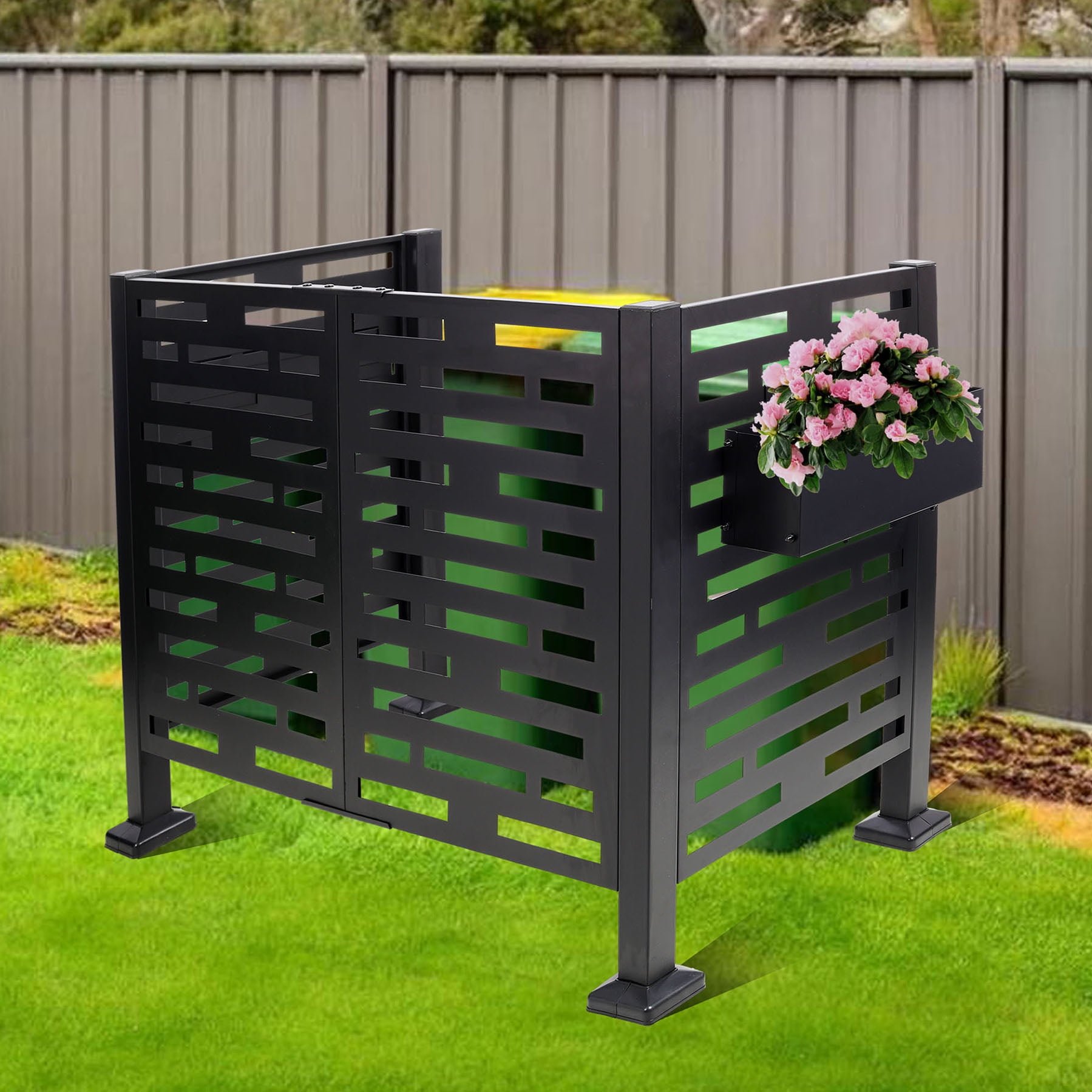 S-HOME 4x2FT Metal AC Privacy Fence w/Planter Box, Outdoor Trash Can ...