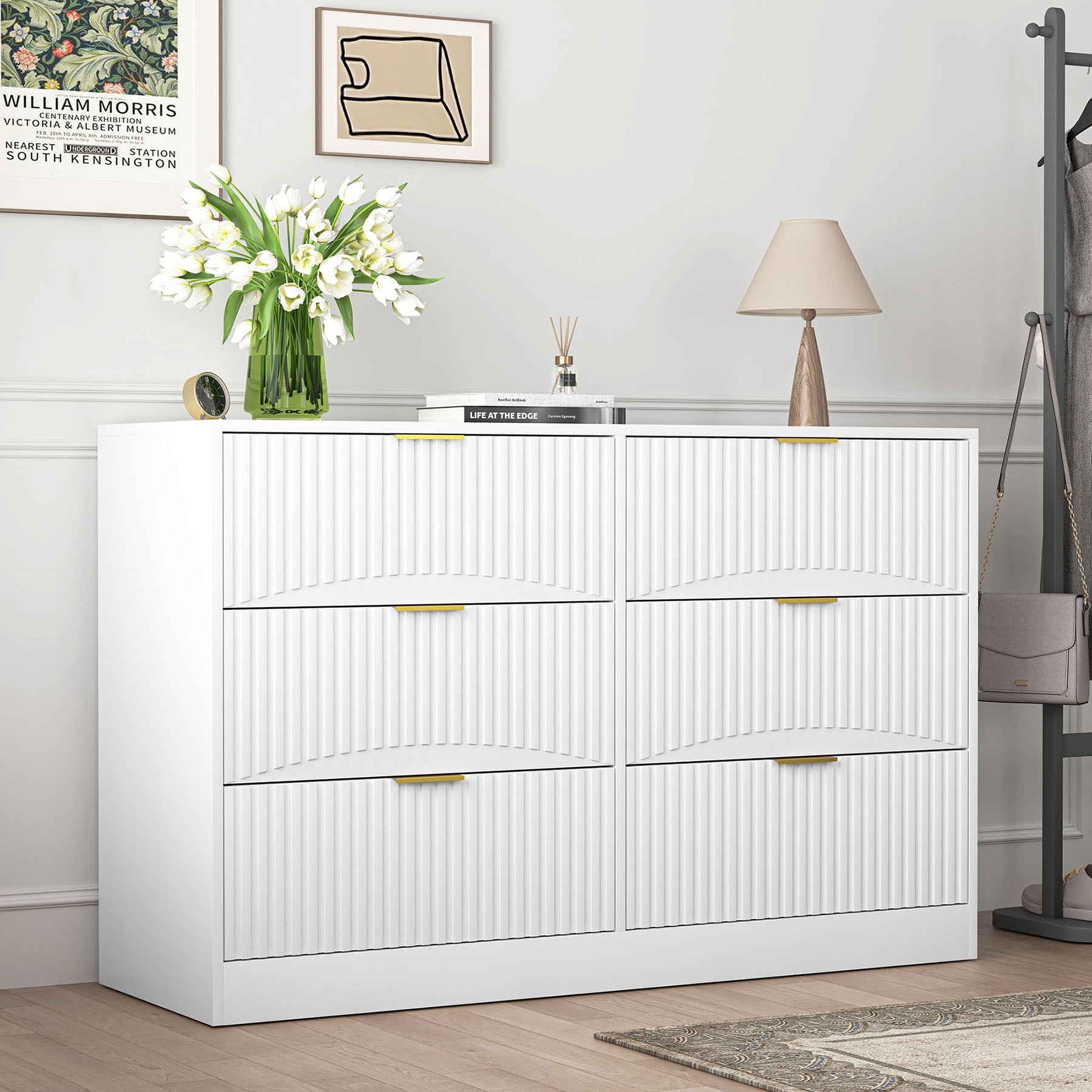 S-HOME 6-Drawer Dresser in White with Wavy Patterned Drawer Panels for ...